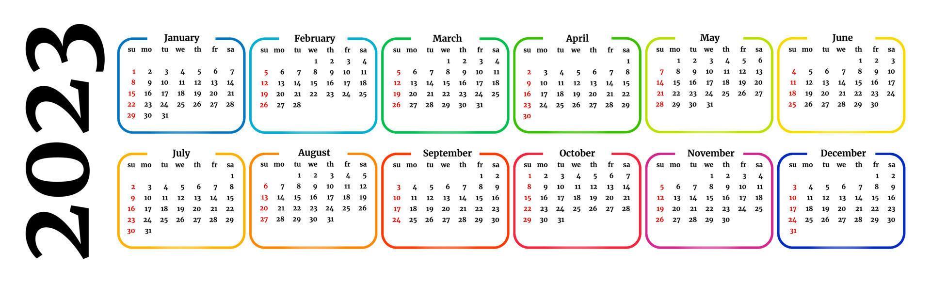Horizontal calendar for 2023 isolated on a white background. Sunday to ...