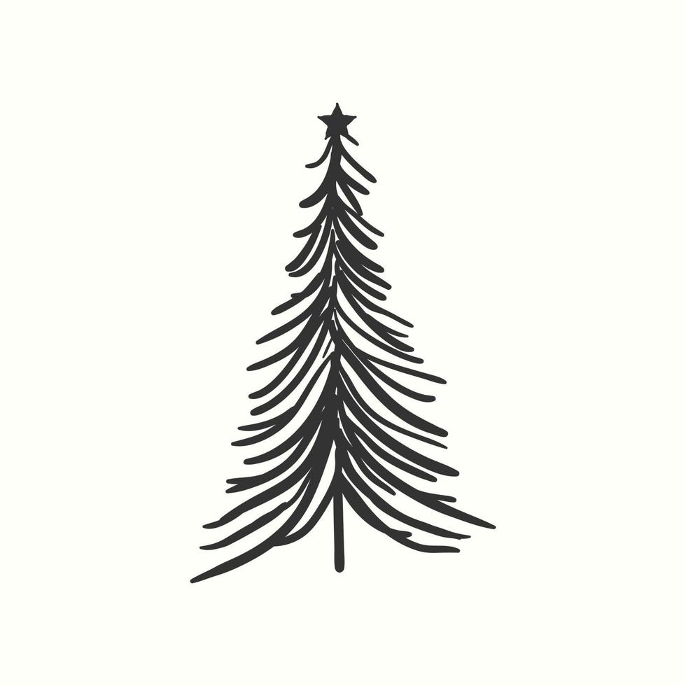 Christmas tree silhouette hand drawn illustration on white background ...