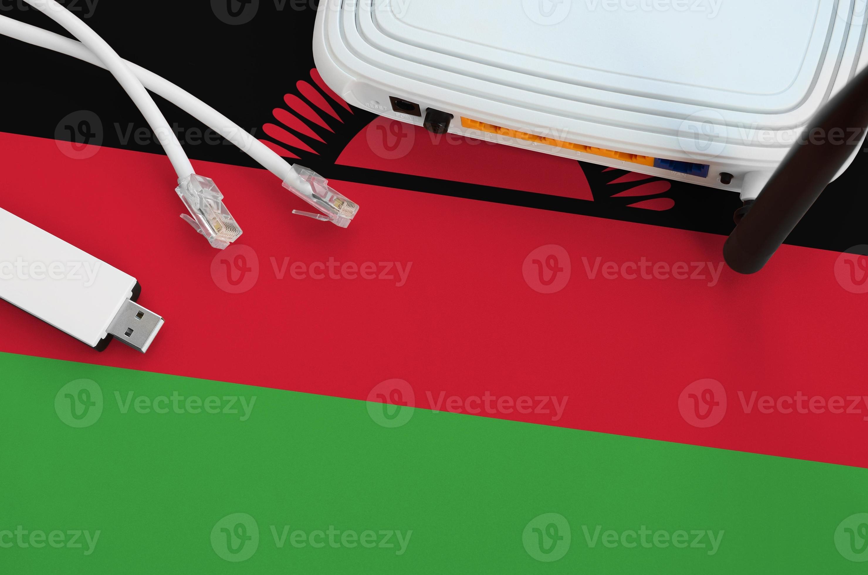 Malawi flag depicted on table with internet rj45 cable, wireless usb wifi adapter and router ...