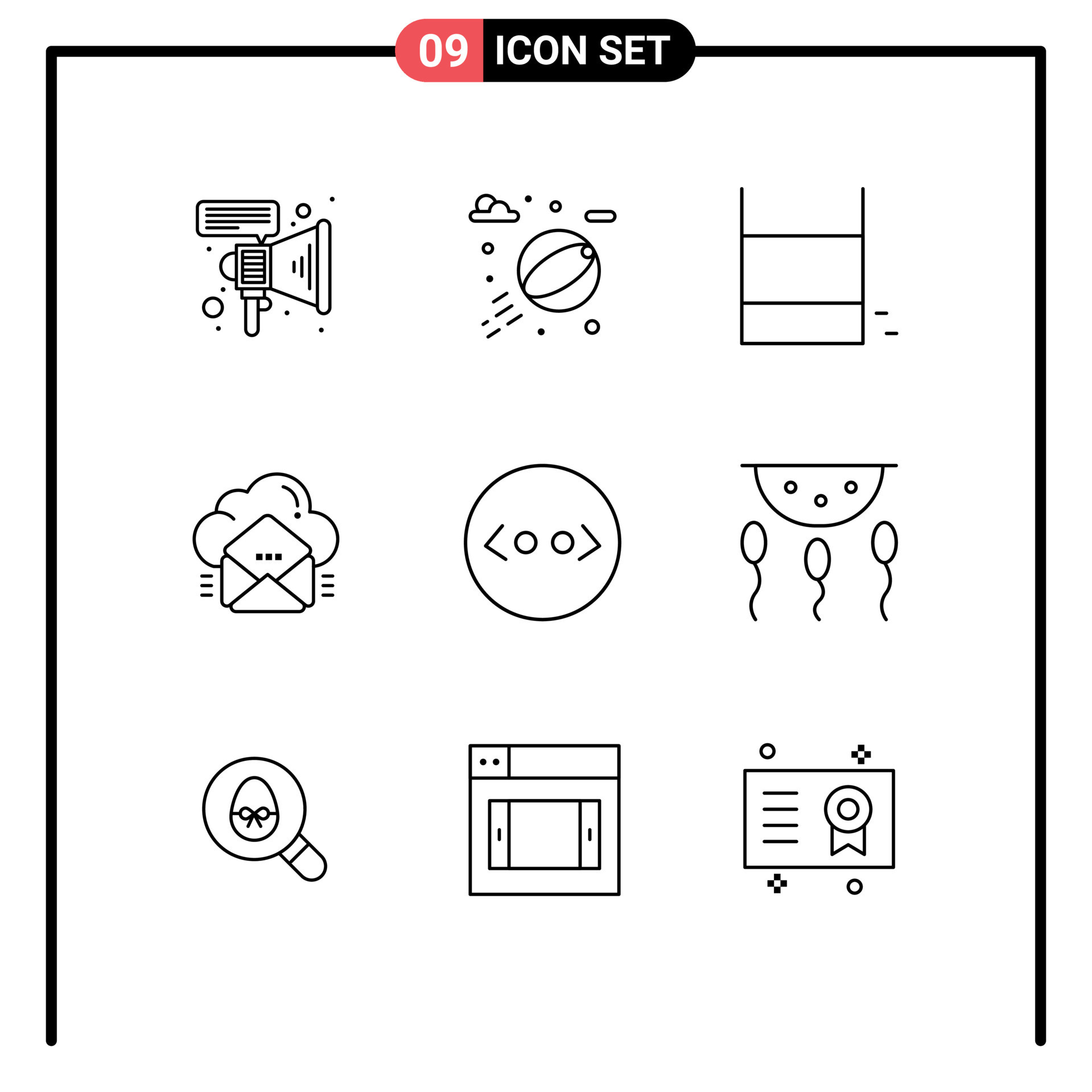 Editable Vector Line Pack Of 9 Simple Outlines Of Html Brackets Ring Message Email Editable