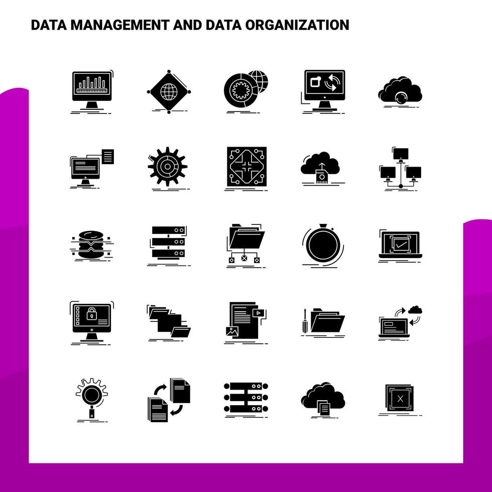 25 Data Management And Data Organization Icon set Solid Glyph Icon Vector Illustration Template ...