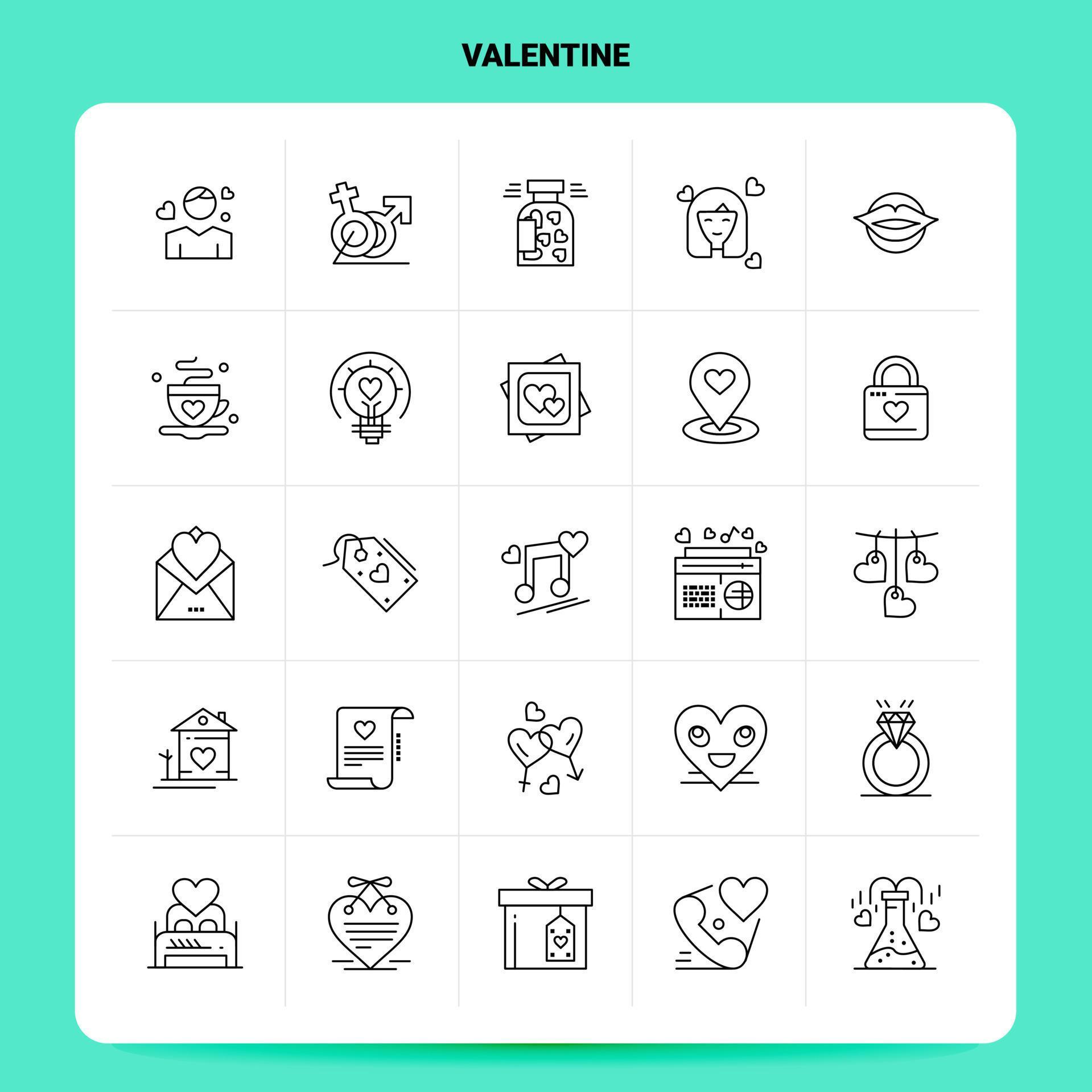 Outline 25 Valentine Icon Set Vector Line Style Design Black Icons Set Linear Pictogram Pack Web