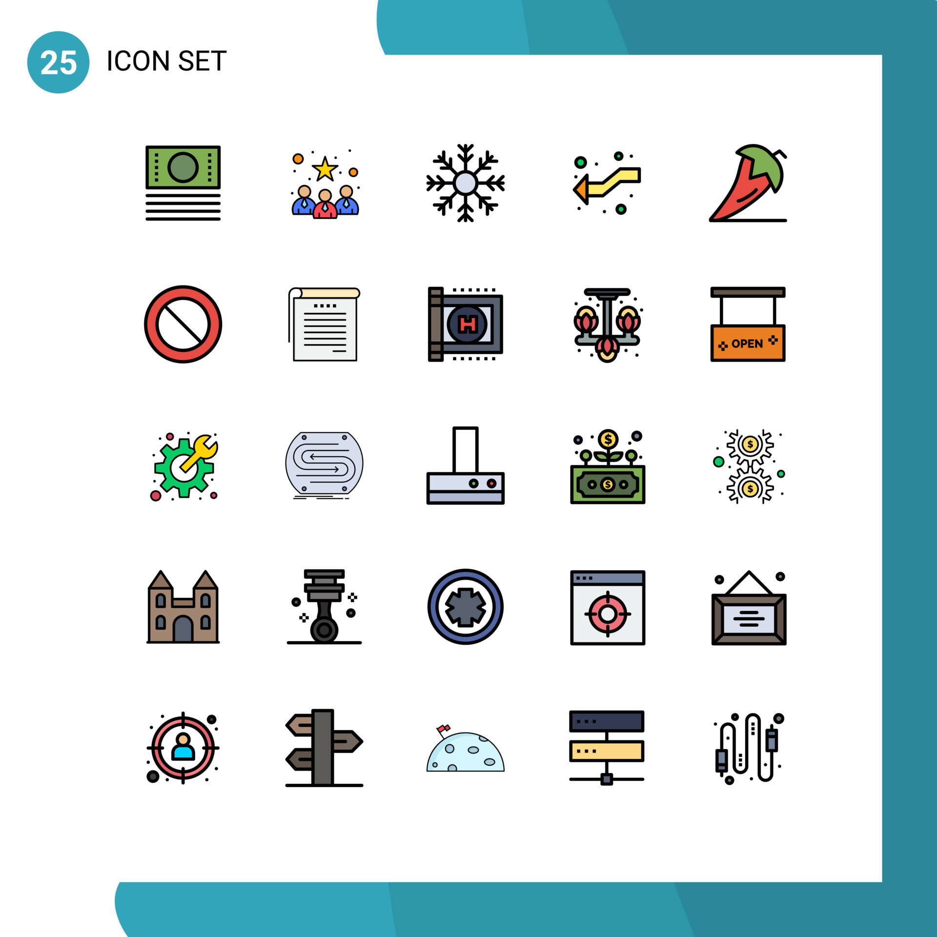 Set of 25 Vector Filled line Flat Colors on Grid for food left flake ...