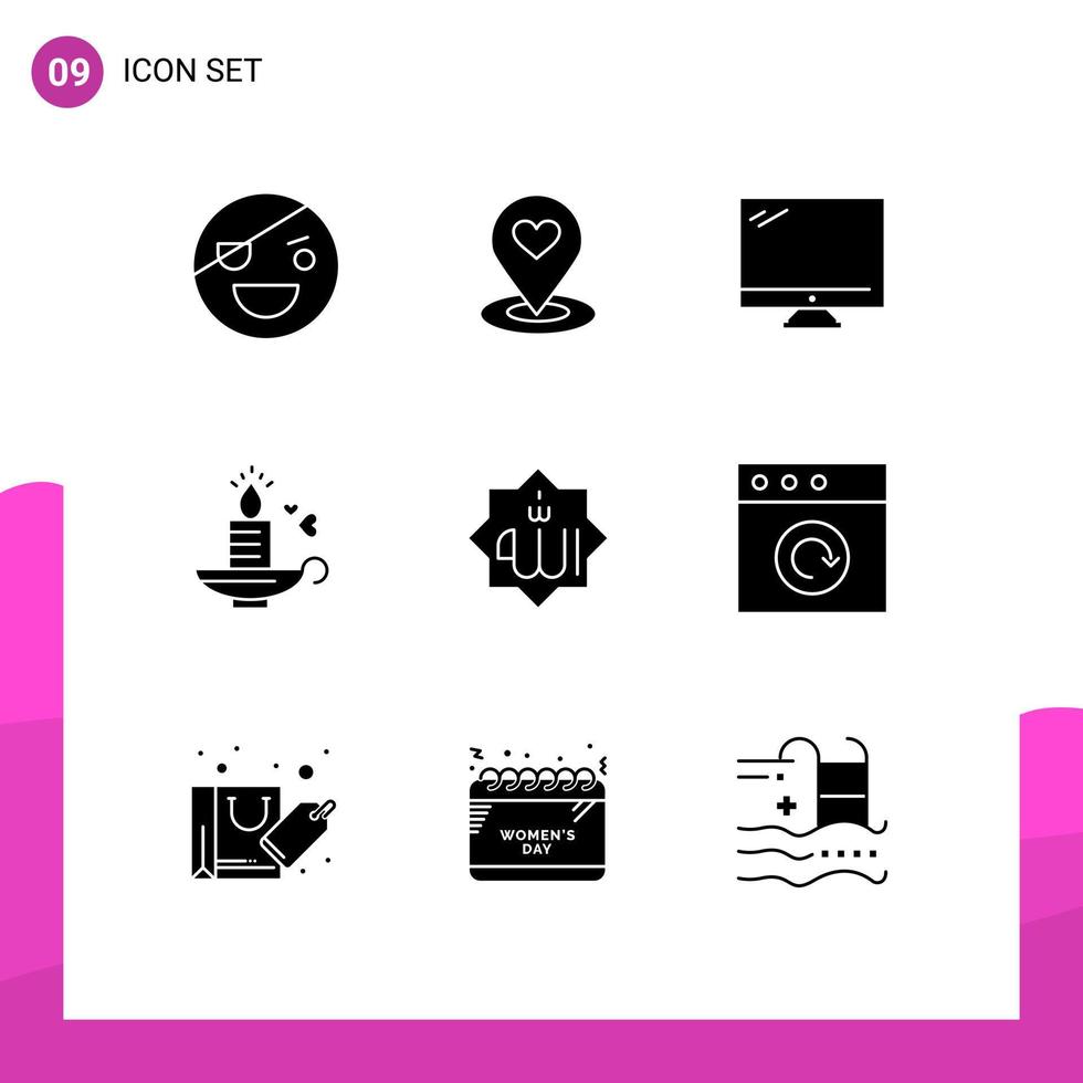 Pictogram Set of 9 Simple Solid Glyphs of heart candle pin pc device Editable Vector Design ...