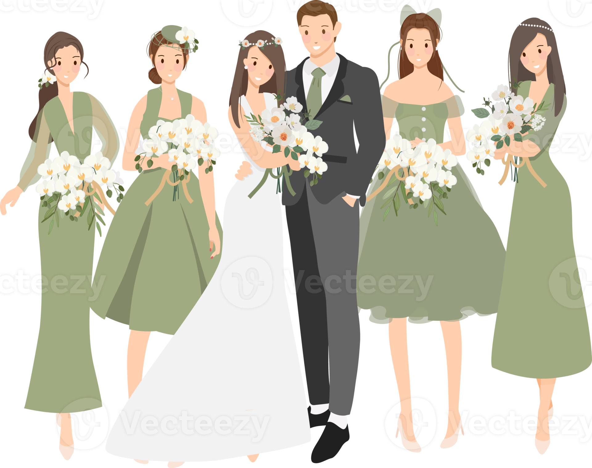 Beautiful Bride And Groom Wedding Couple With Bridesmaid In Green Theme