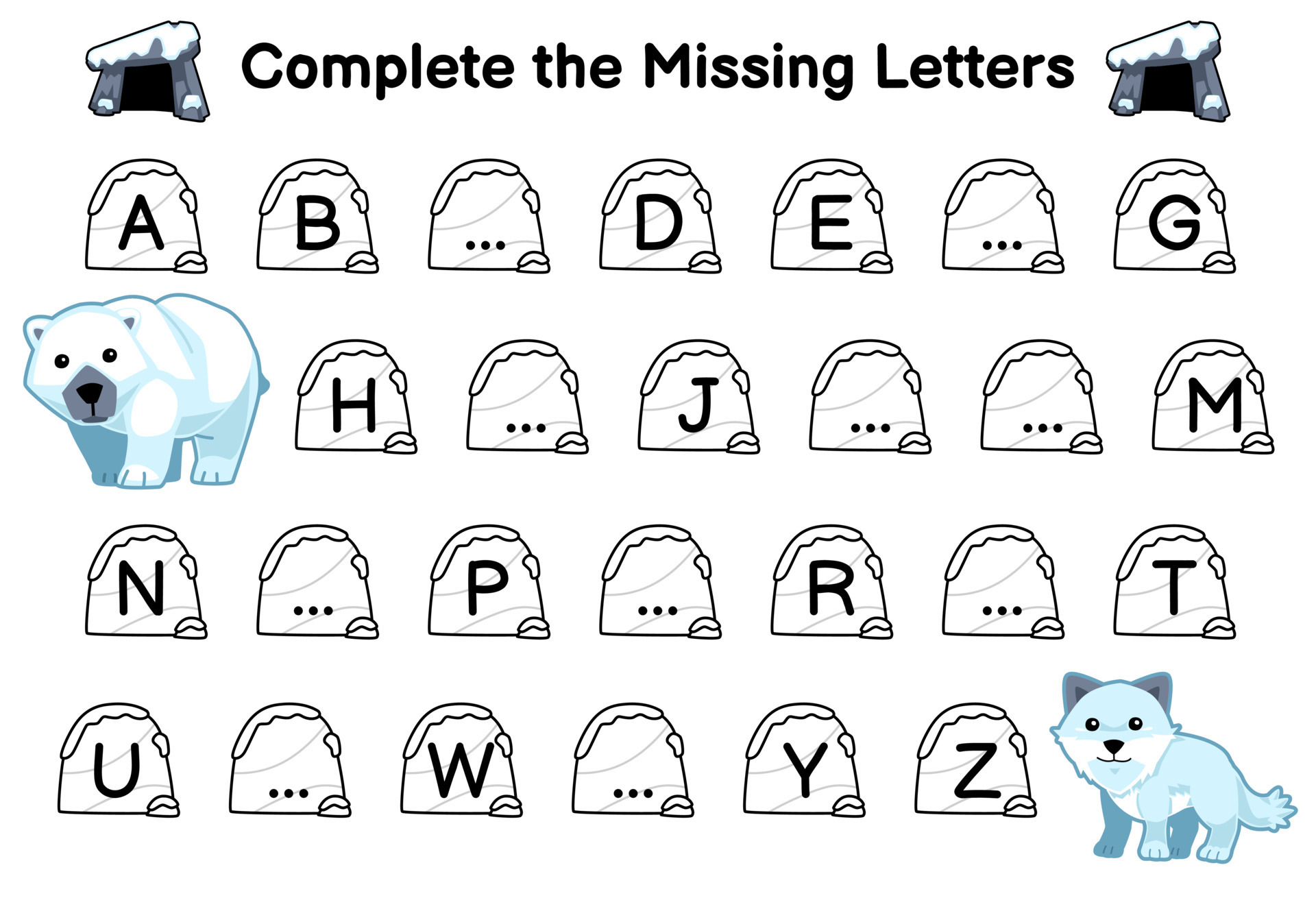 Education game for complete the missing letters with cute cartoon polar ...