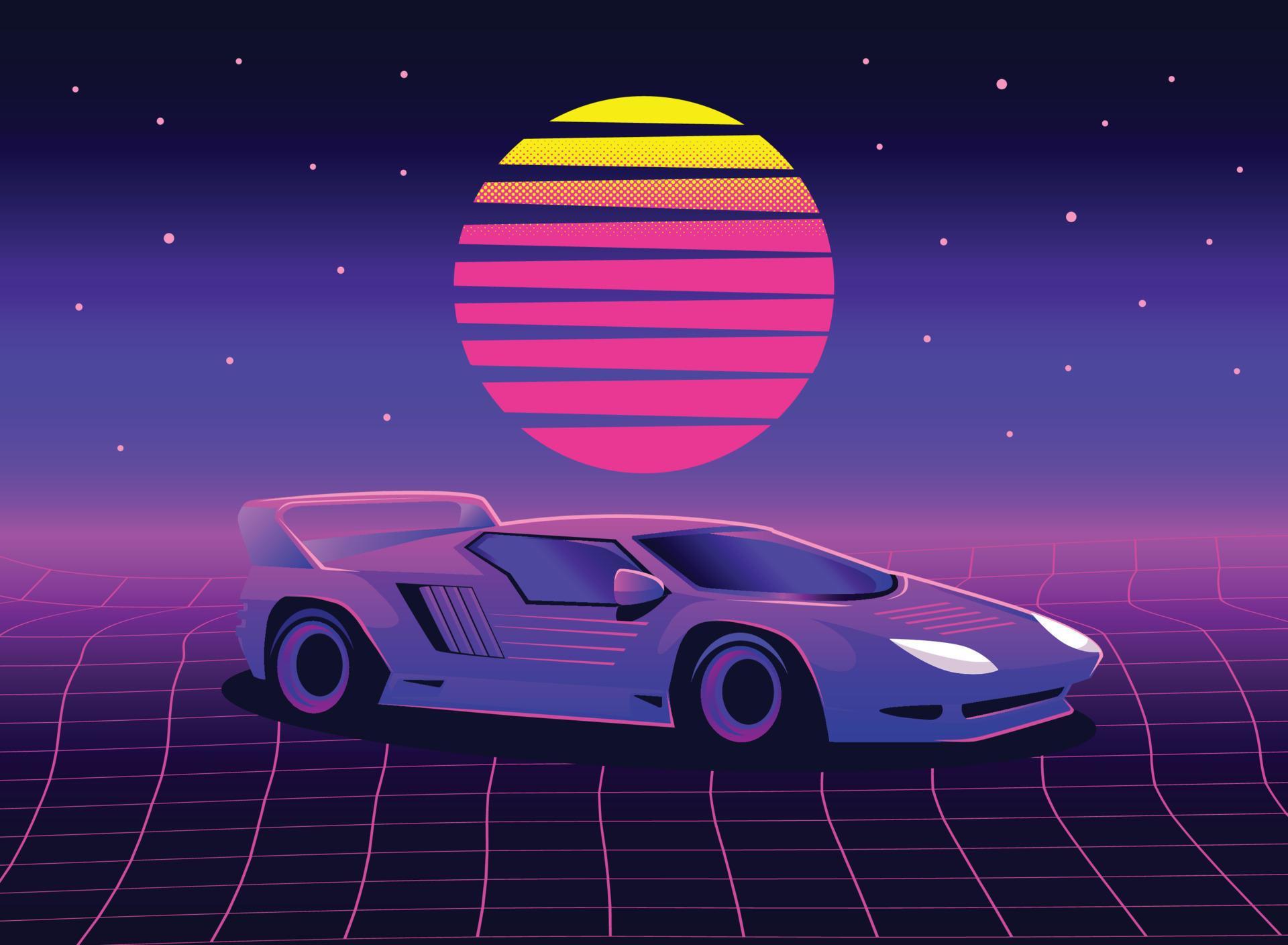Retro 80s sci-fi futuristic style background with supercar. Vector retro futuristic synth wave ...