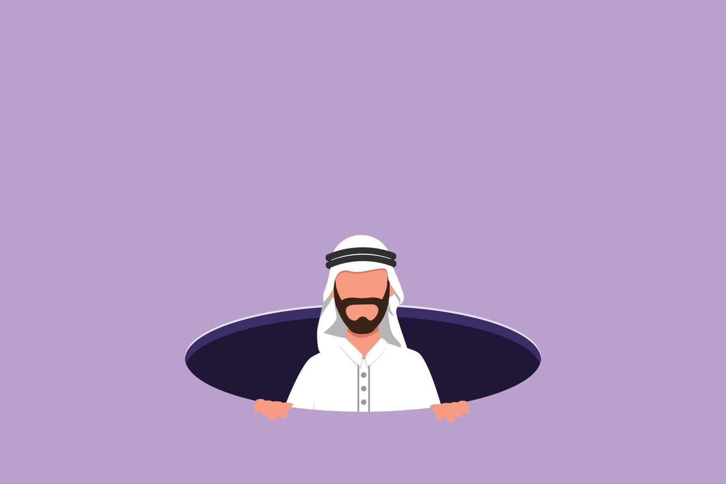 Cartoon flat style drawing young Arab businessman emerges from hole ... Cartoon flat style drawing young Arab businessman emerges from hole ...