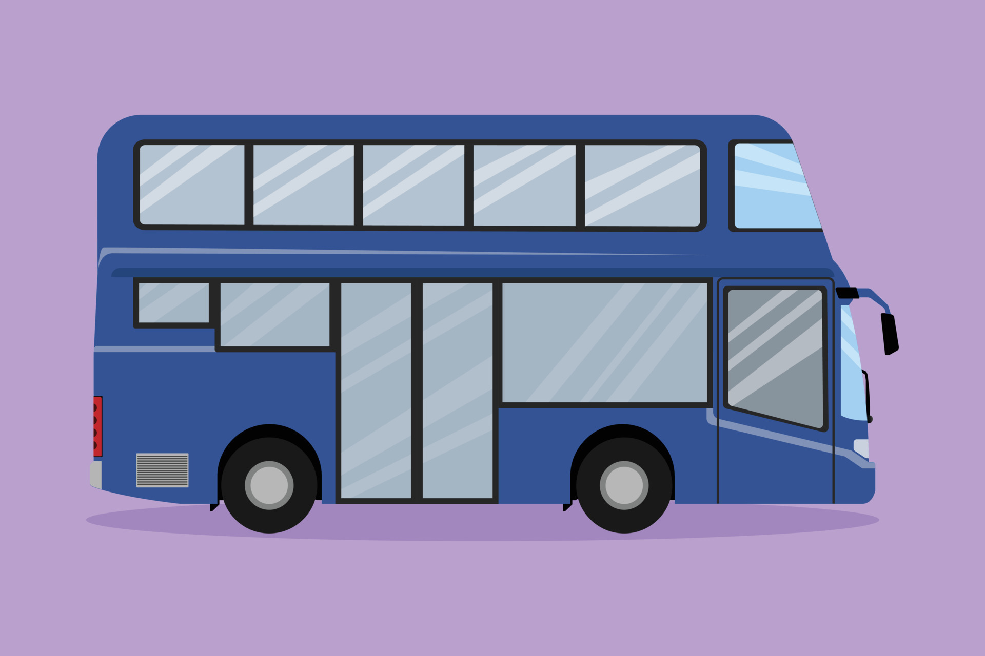 Autobuses de dos pisos de dibujo plano de carácter que se ven desde el lateral, sirven a los ...