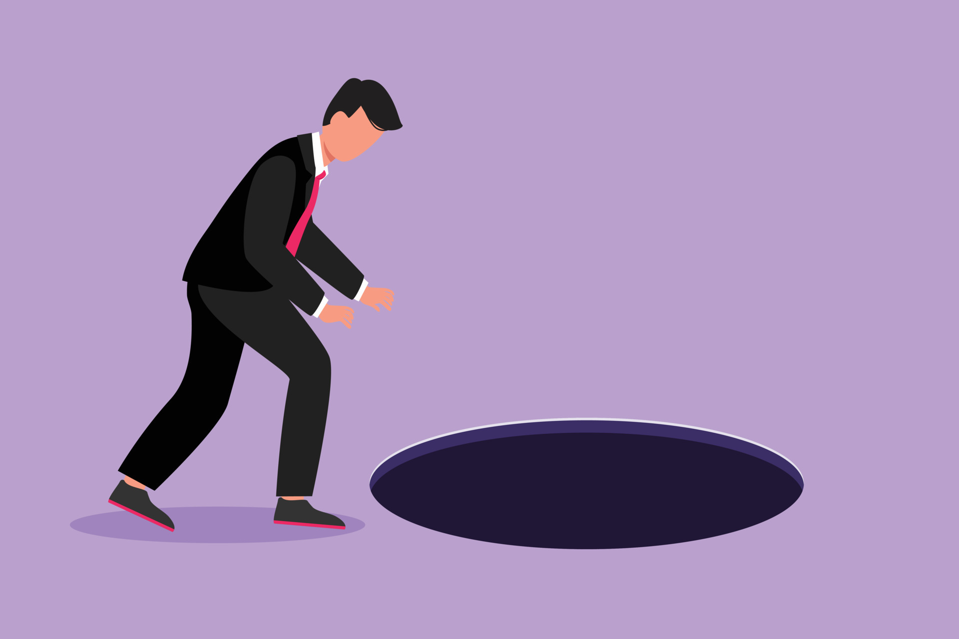 Cartoon flat style drawing businessman looking at black hole. Manager wondering and looking at ...