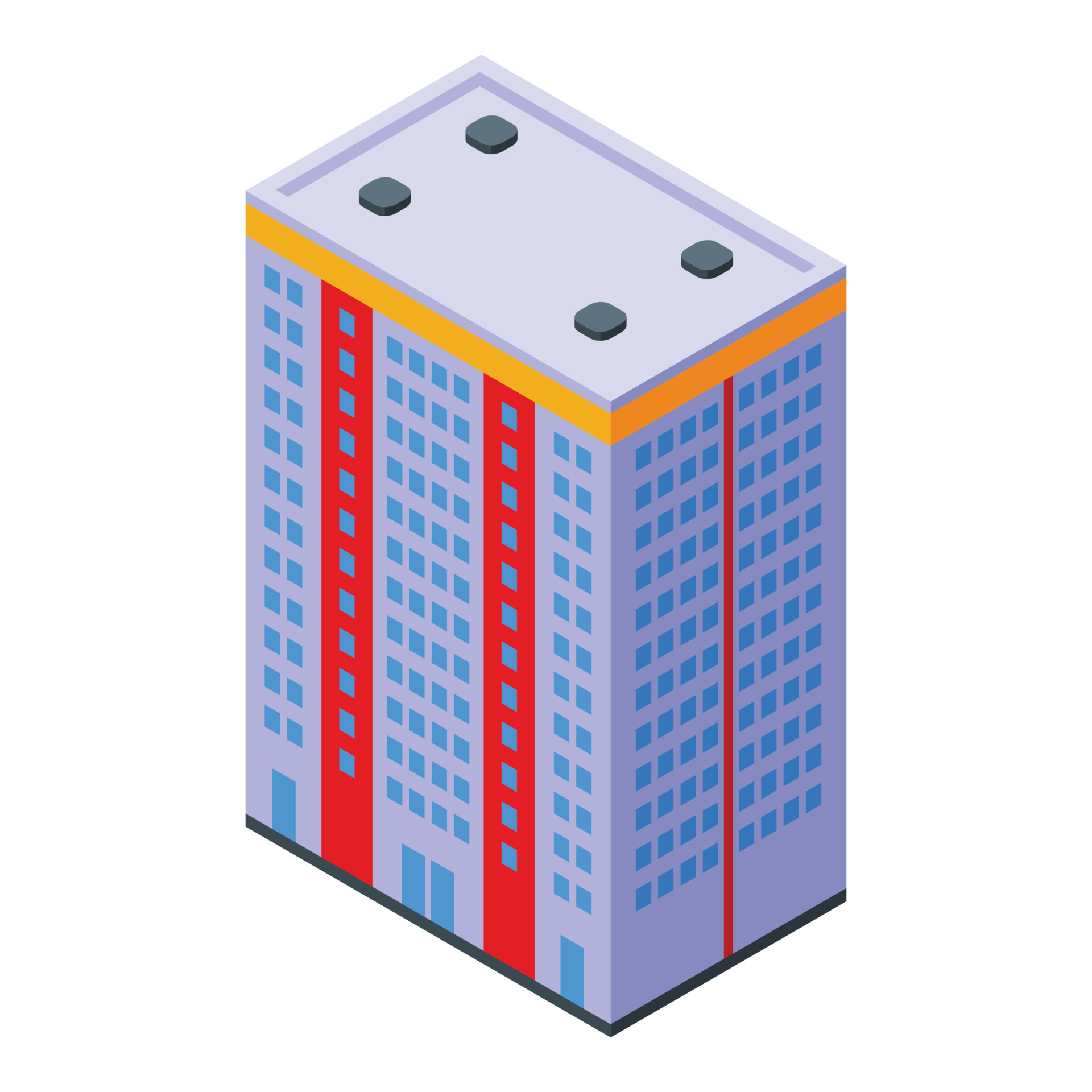 vector isométrico del icono del edificio de varios pisos del condominio. Manzana de la ciudad ...