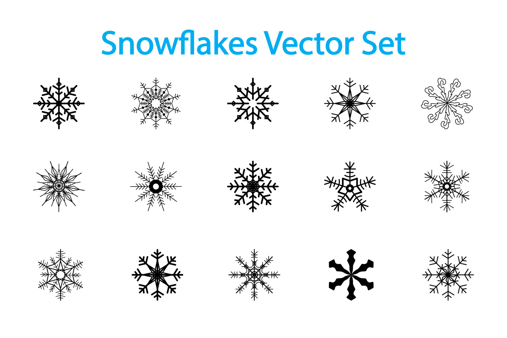 Vector geometric set of fifteen snowflakes on a white background. Flat ...