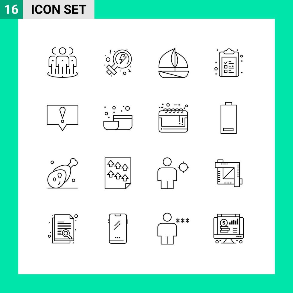 Pictogram Set Of 16 Simple Outlines Of Message Alert Beach List Check List Editable Vector