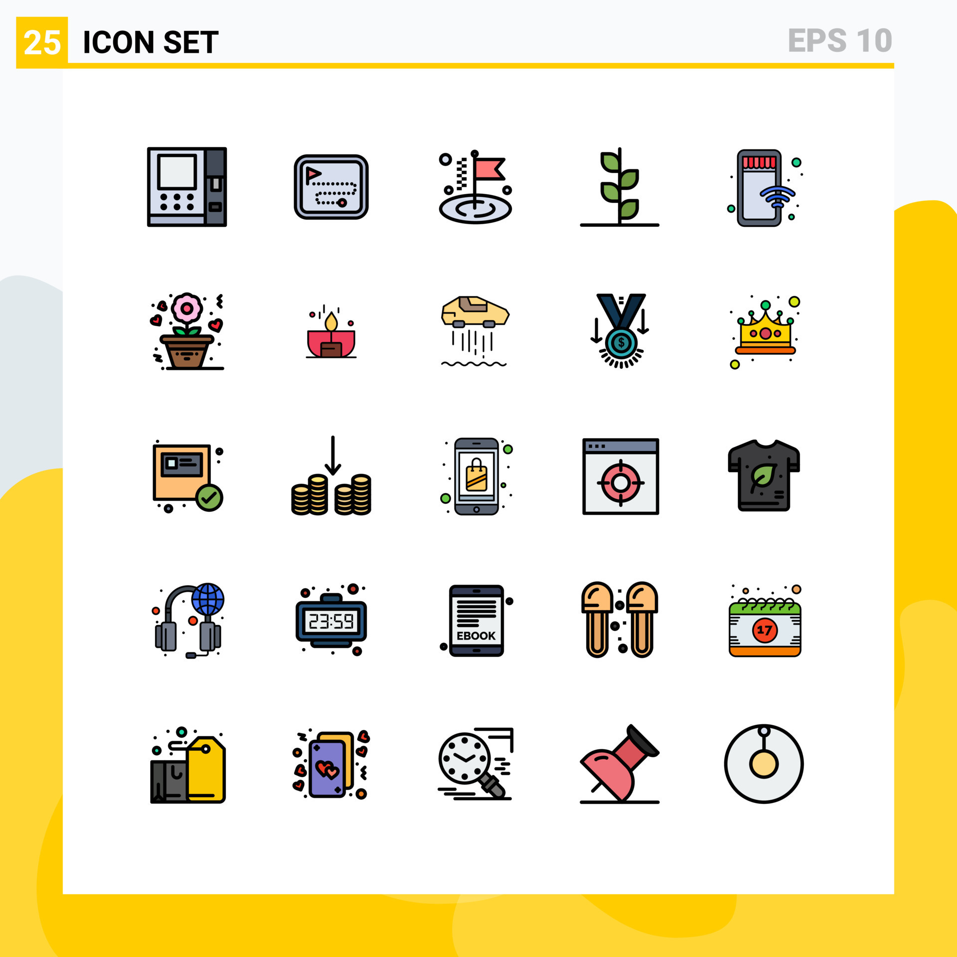 Set Of 25 Vector Filled Line Flat Colors On Grid For Store Online Flag Mobile Nature Editable