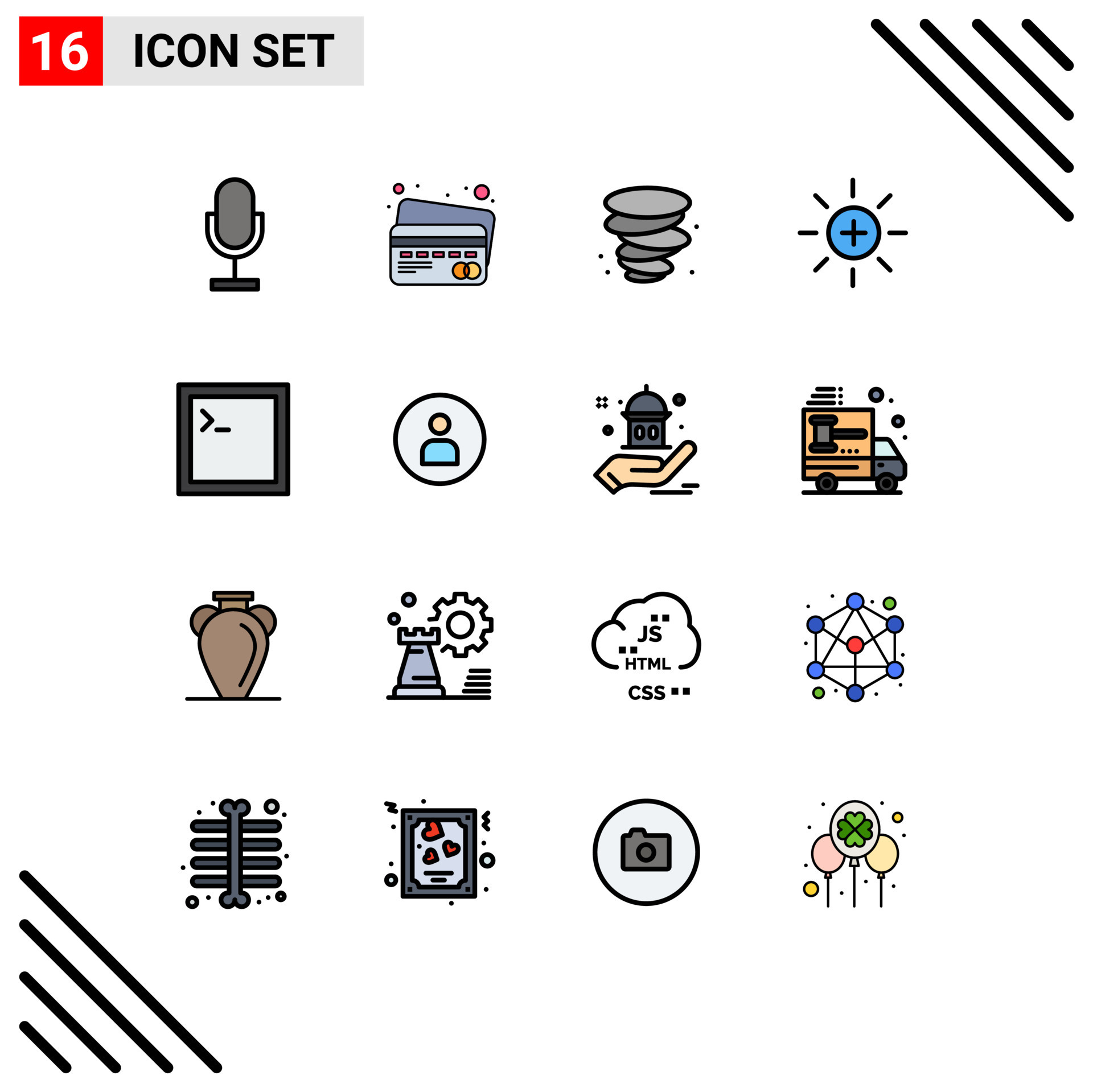 16 User Interface Flat Color Filled Line Pack Of Modern Signs And Symbols Of Terminal Code Storm