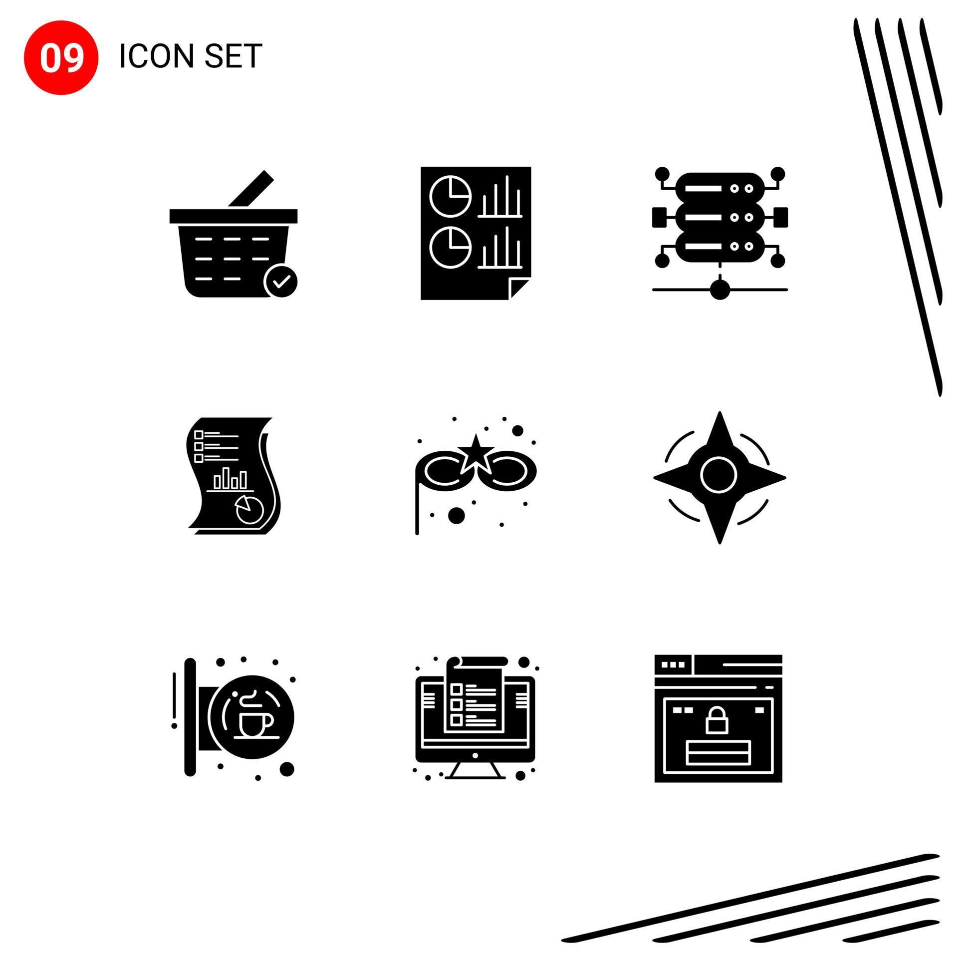 Set of 9 Vector Solid Glyphs on Grid for report marketing database data analytics Editable ...