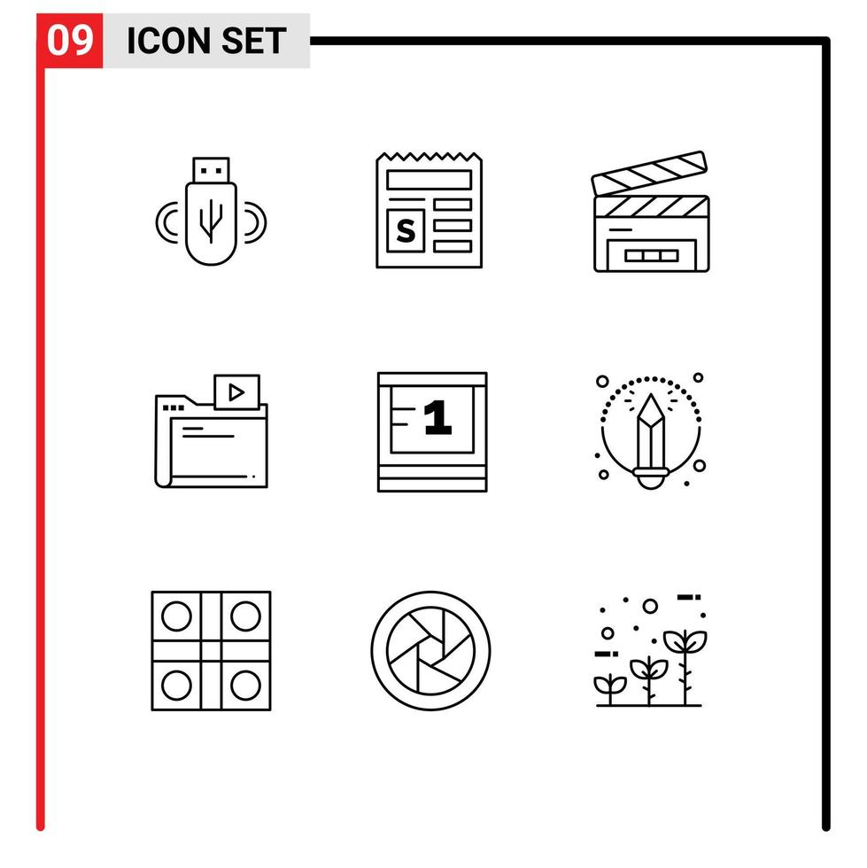 Group of 9 Modern Outlines Set for study media clapboard video folder Editable Vector Design ...