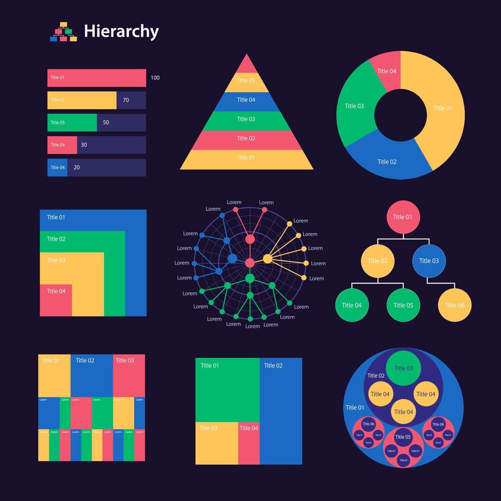 Hierarchy Infographic Chart Design Template Set For Dark Theme Visual