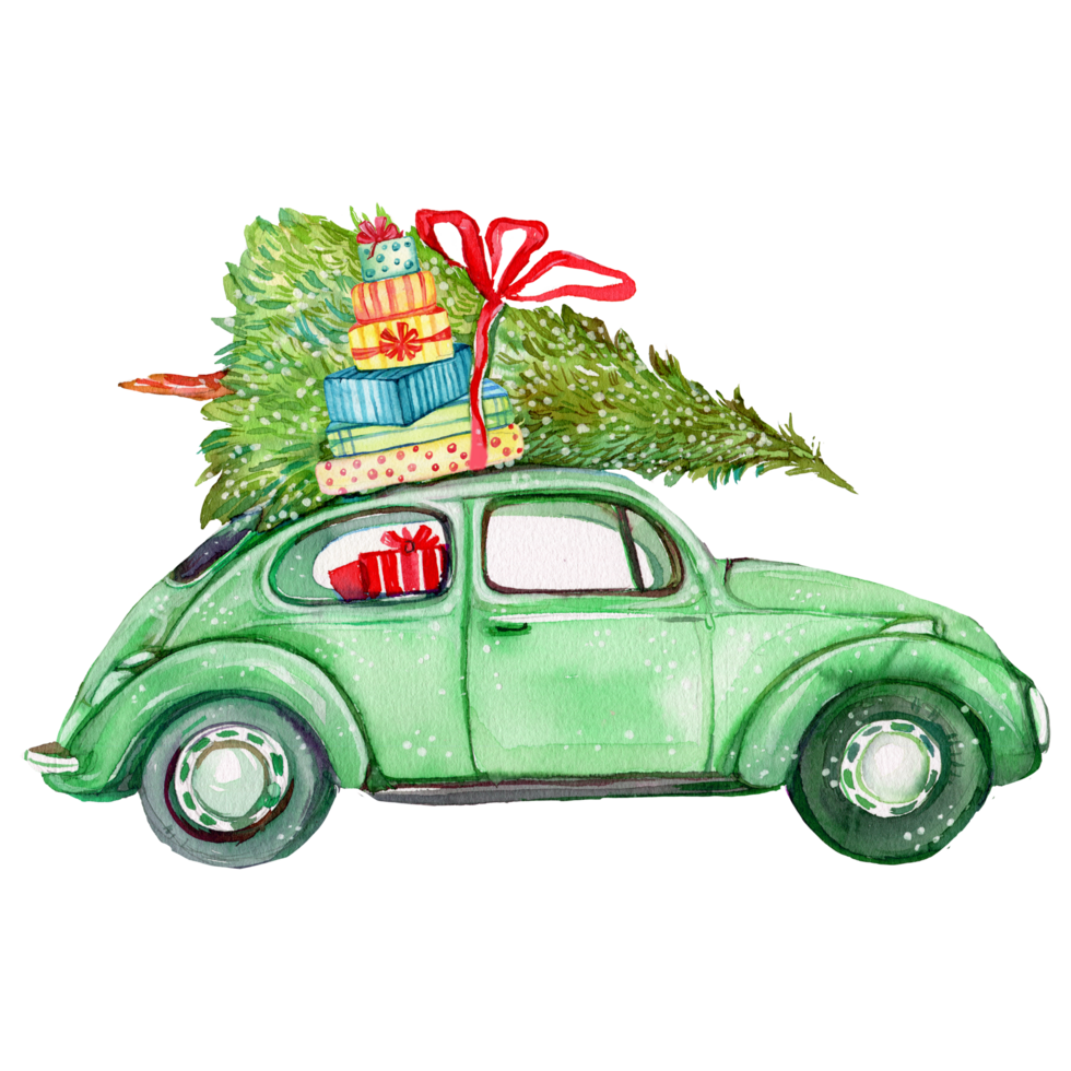 Watercolor Vintage Car With Christmas Tree 15123216 PNG