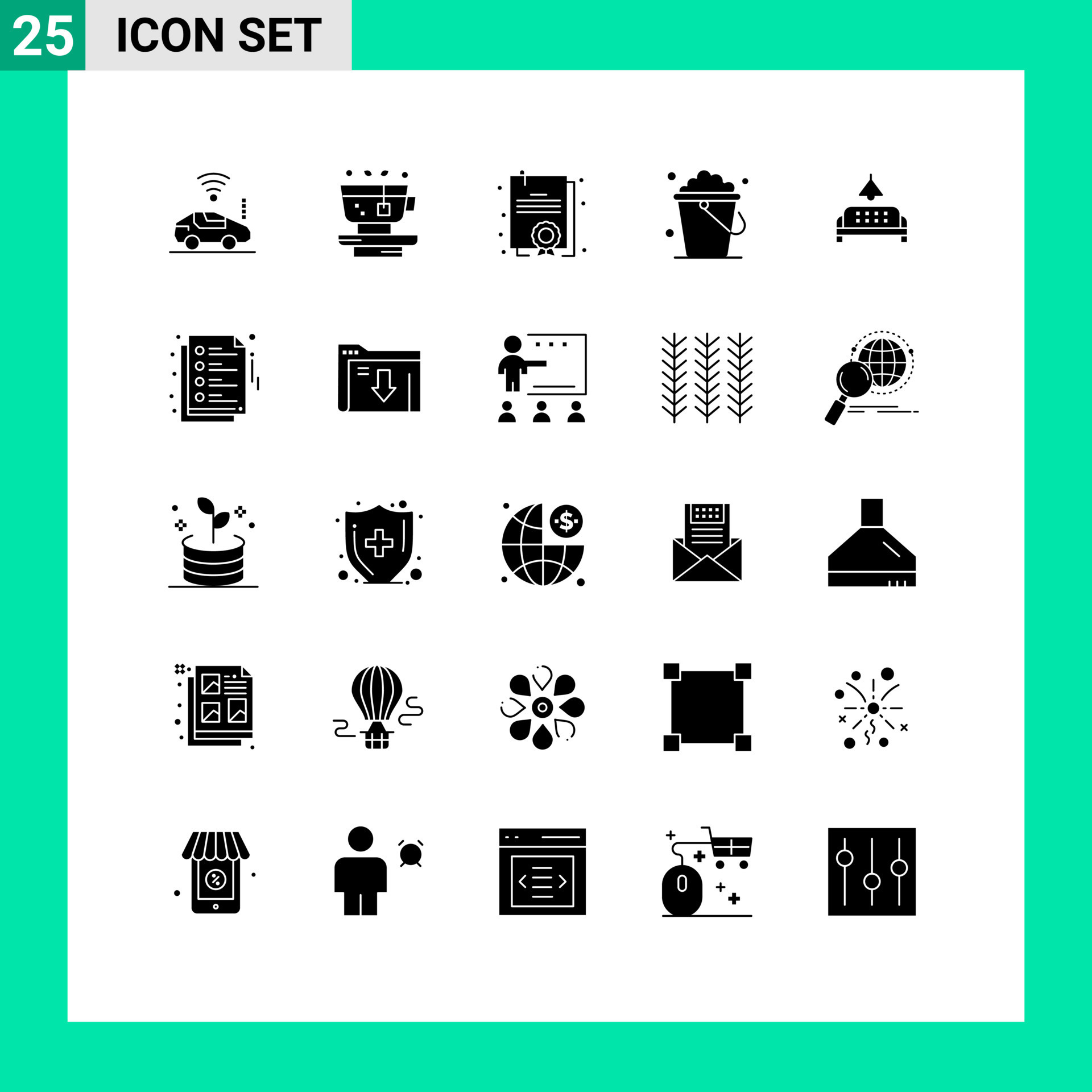 User Interface Pack Of 25 Basic Solid Glyphs Of Lump Sofa Certificate Home Cleaning Editable