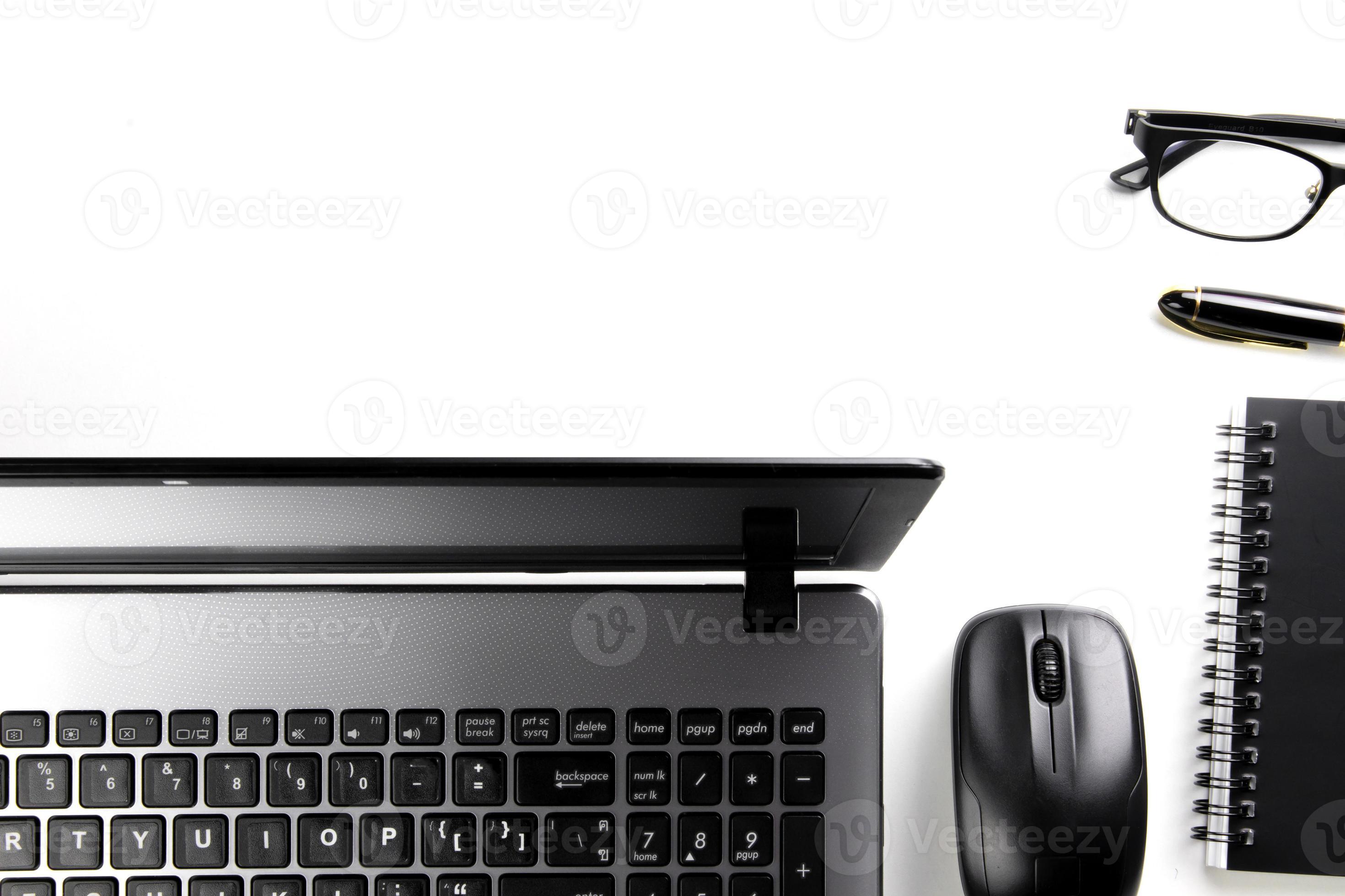 Top View Of Modern White Office Desk With Computer Keyboard Blank Notebook Page And Other
