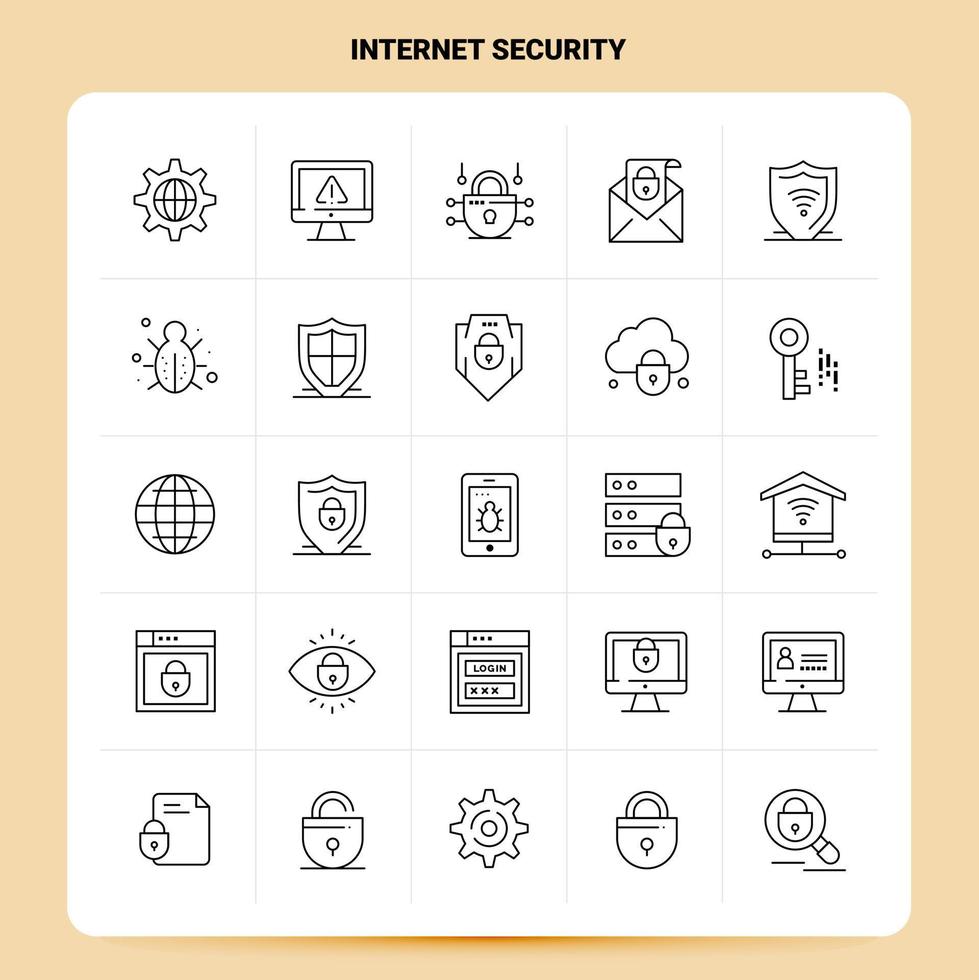 Outline 25 Internet Security Icon Set Vector Line Style Design Black