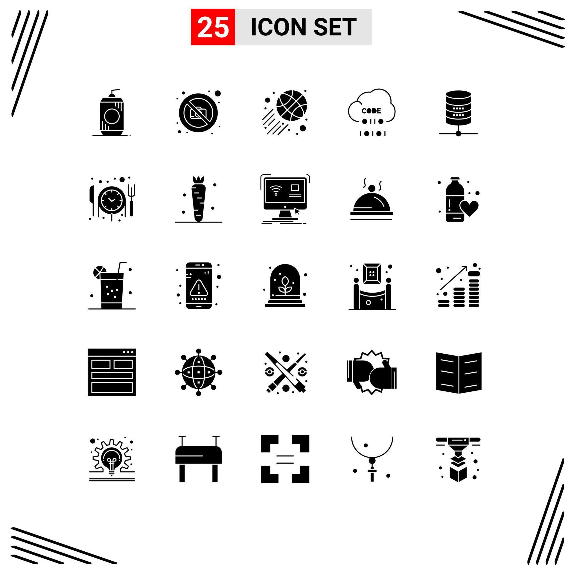 25 Universal Solid Glyph Signs Symbols Of Server Programming Basketball Ball Development Coding