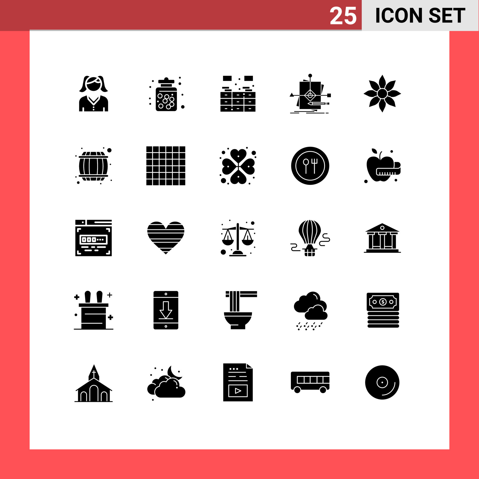 25 Universal Solid Glyphs Set For Web And Mobile Applications Amaryllis Pattern Bookcase
