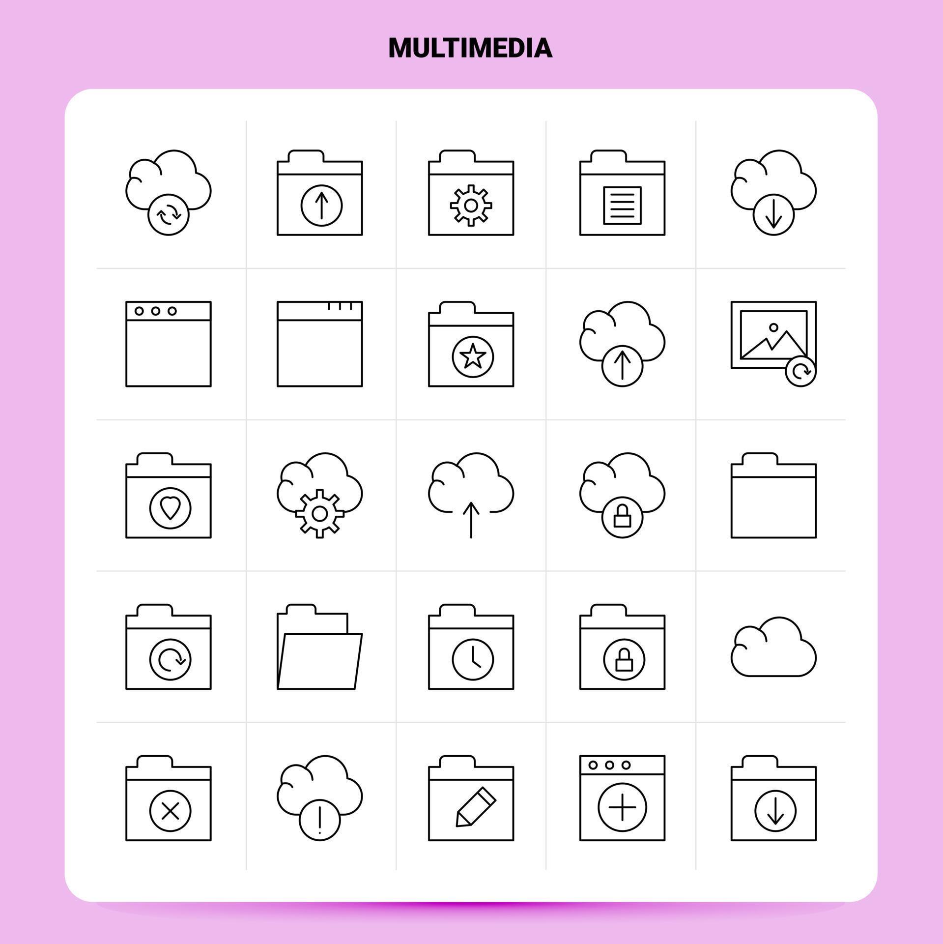 Outline 25 Multimedia Icon Set Vector Line Style Design Black Icons Set Linear Pictogram Pack