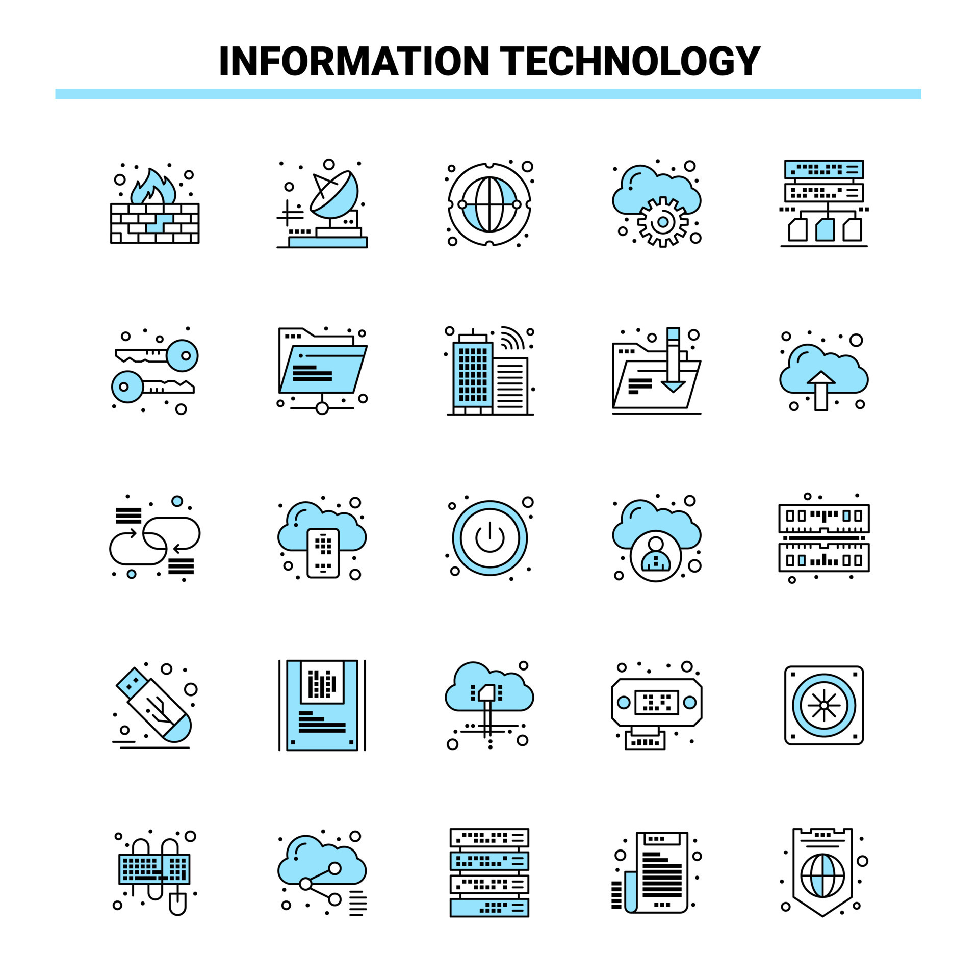 25 Information Technology Black and Blue icon Set Creative Icon Design ...
