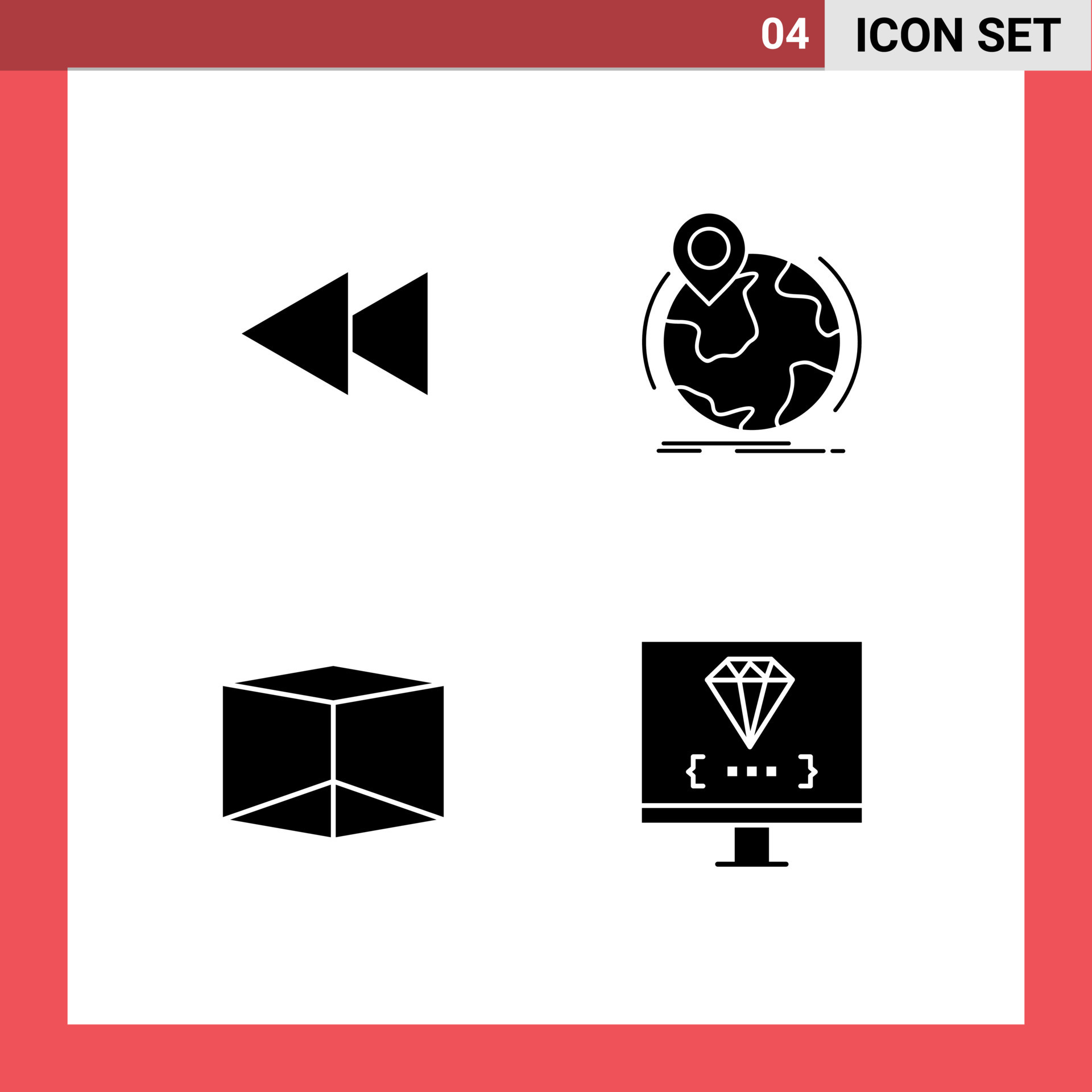 User Interface Pack Of 4 Basic Solid Glyphs Of Arrow Box Rewind Worldwide Coding Editable Vector