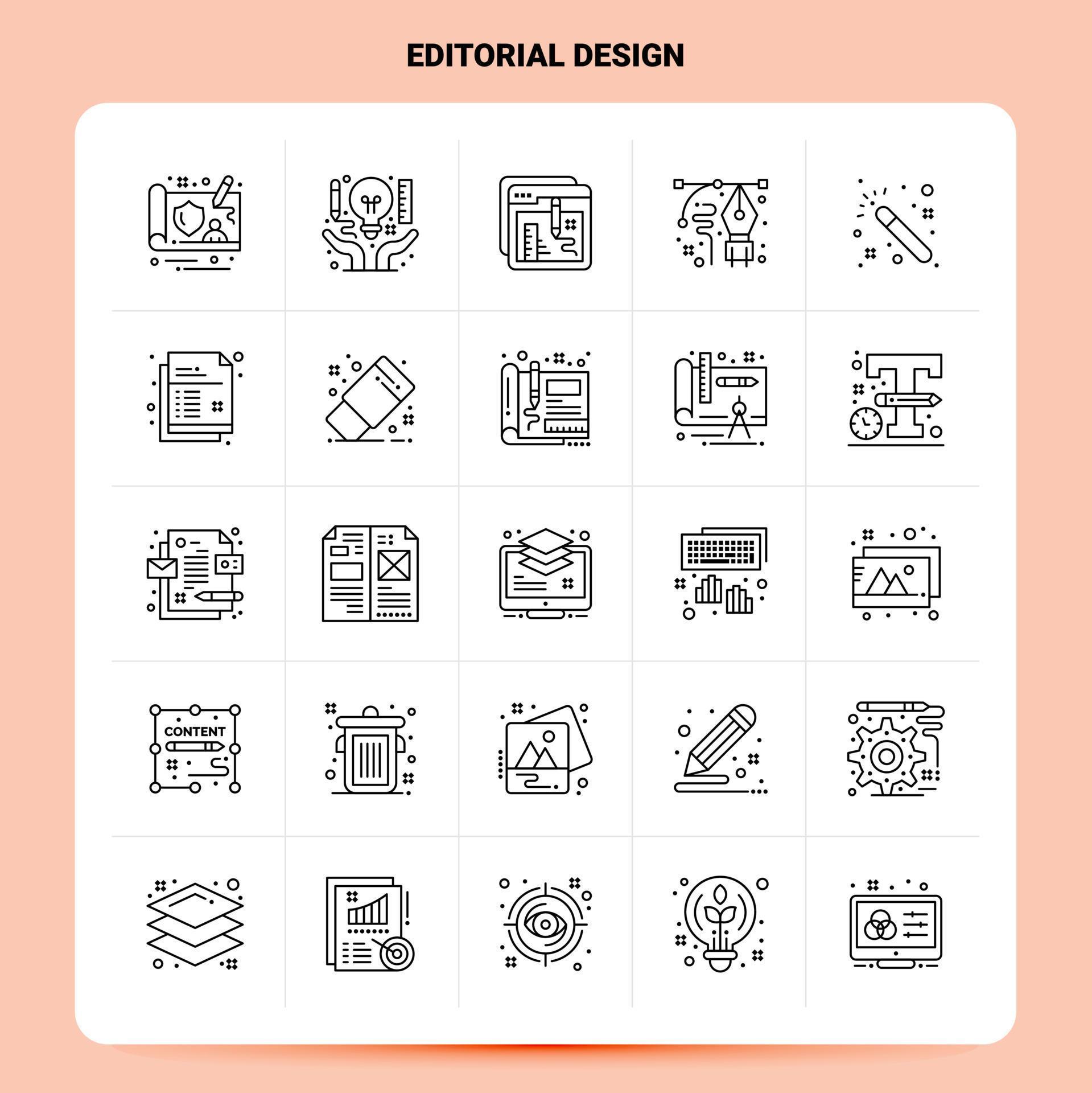 Outline 25 Editorial Design Icon Set Vector Line Style Design Black