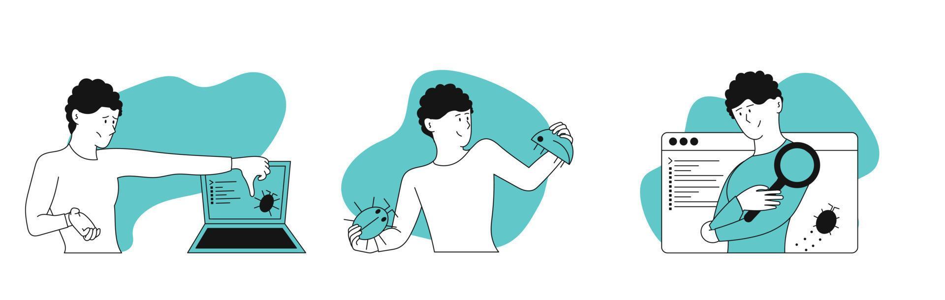 Man found a bug in the code vector concept illustration. Male ...