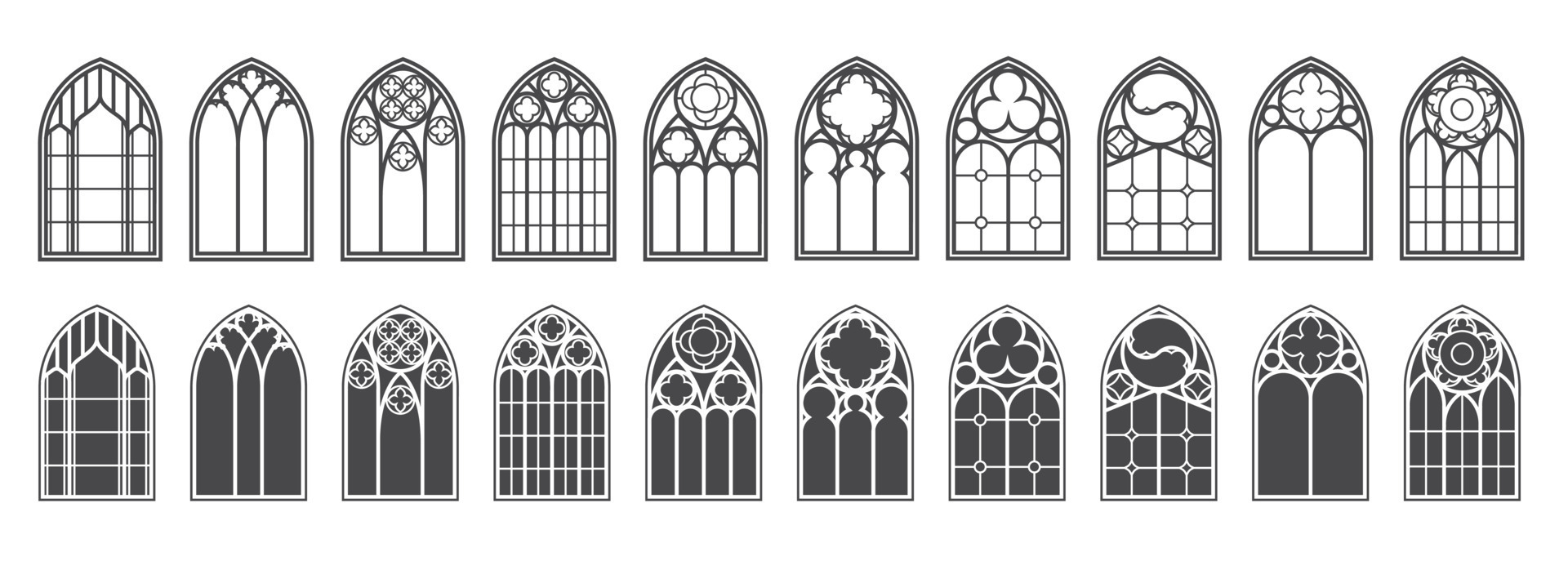Church Windows Set Silhouettes Of Gothic Arches In Line And Glyph