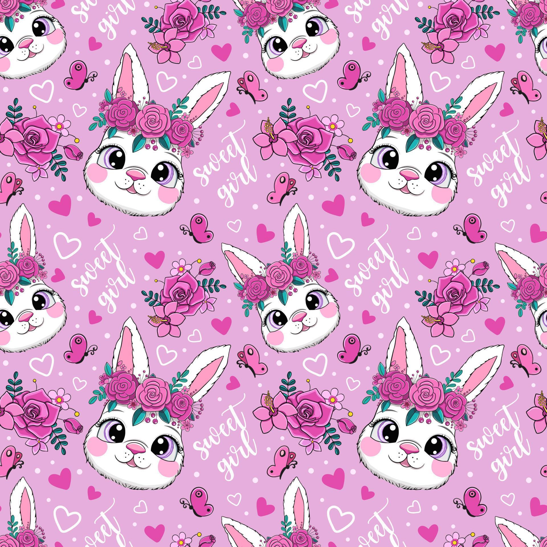 pink cute seamless pattern with kawaii bunny and flowers. Vector ...