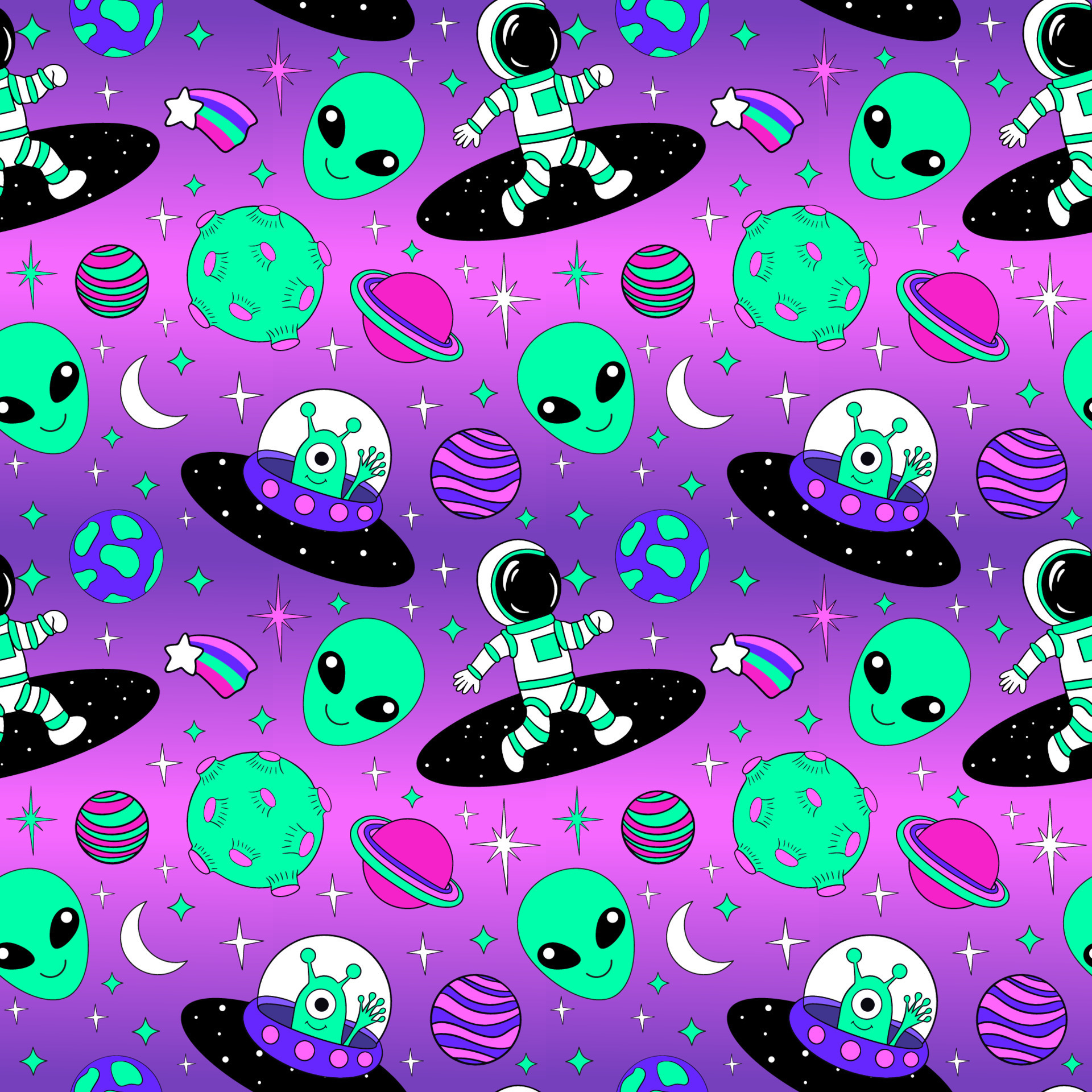 Astronauts And Alien In Space Cartoon Vector Illustration Space Travel And Exploration Seamless