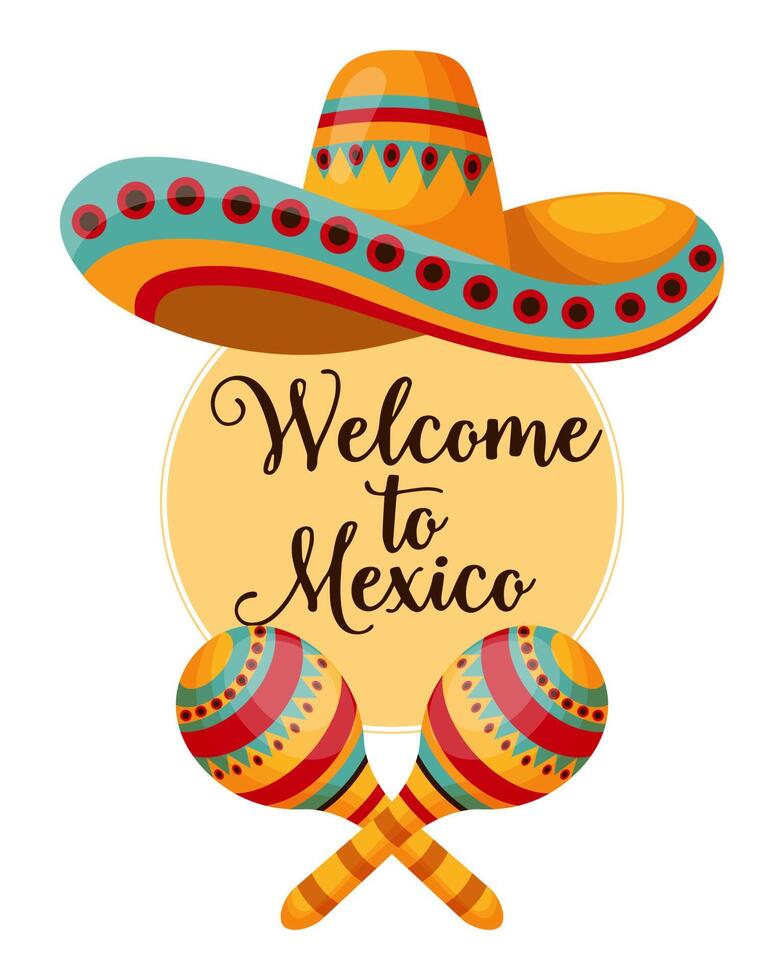 Mexican Poster Welcome To Mexico Sombrero And Maracas Illustration Banner Vector 15159909
