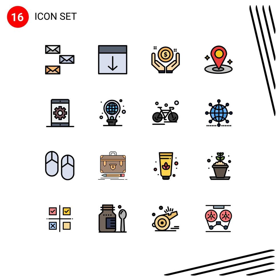 Mobile Interface Flat Color Filled Line Set Of 16 Pictograms Of Engine Navigation Layout