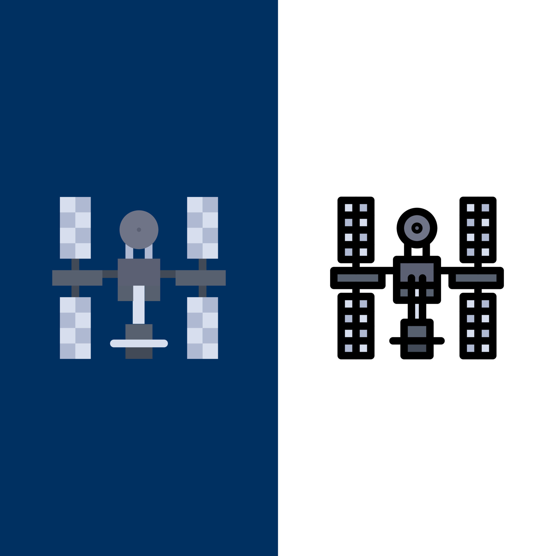 Complex Orbital Platform Satellite Space Icons Flat And Line Filled Icon Set Vector Blue