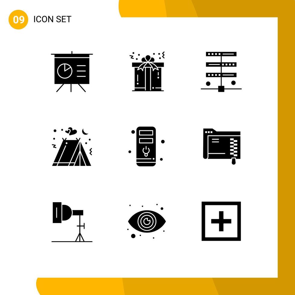 Pictogram Set of 9 Simple Solid Glyphs of hardware computer hosting tent holidays Editable ...
