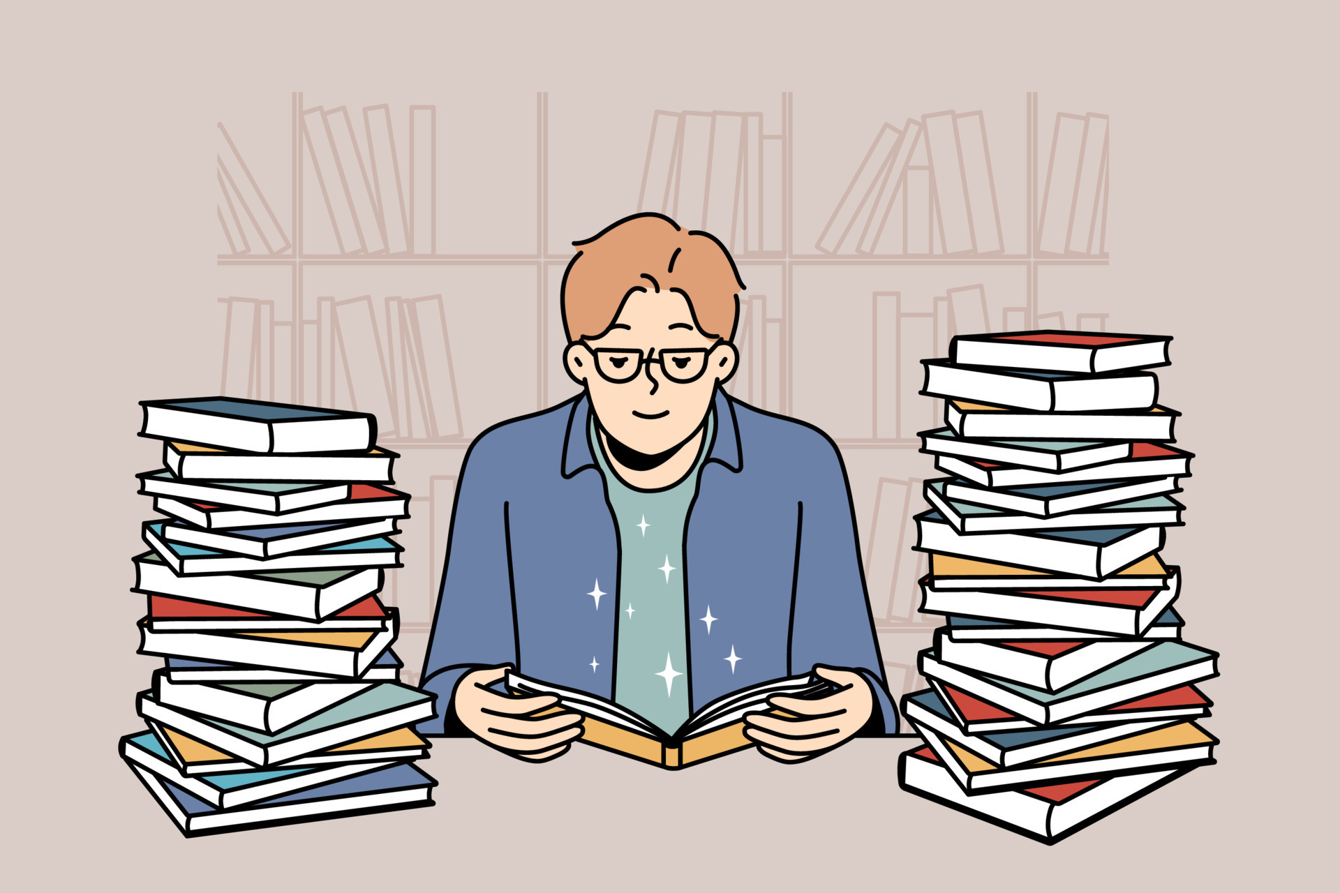 Smart Young Man In Glasses Sit In Library With Pile Of Books Reading