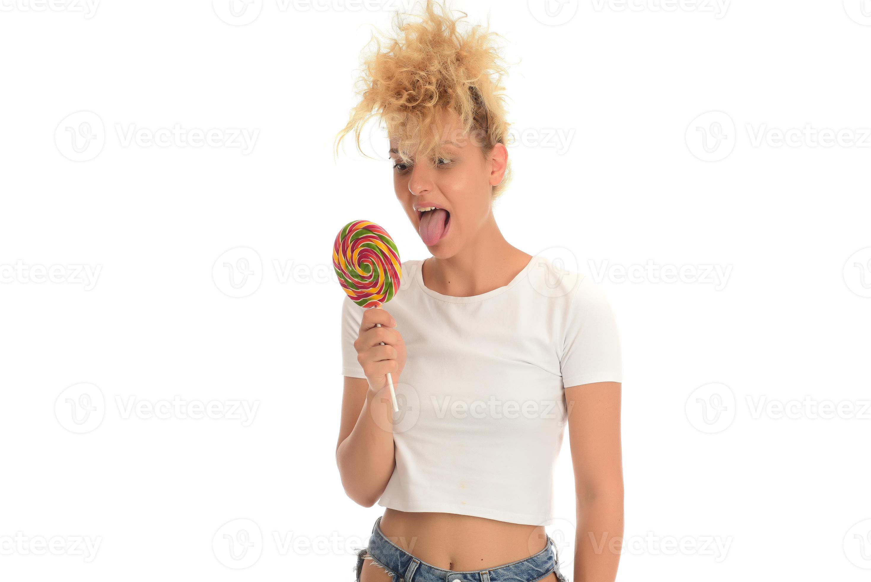 Blonde Woman Licking Sweet Candy Female Model Eating Delicious
