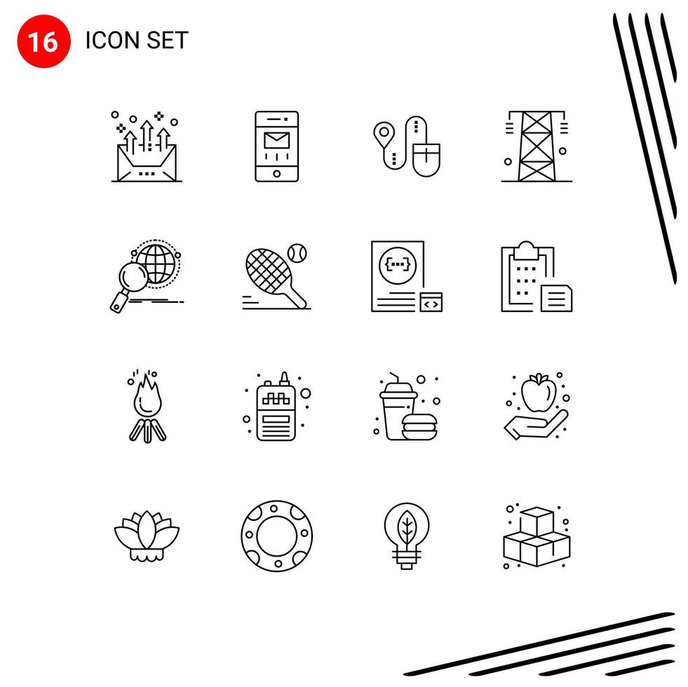 Set of 16 Vector Outlines on Grid for tower line message energy computer Editable Vector Design ...