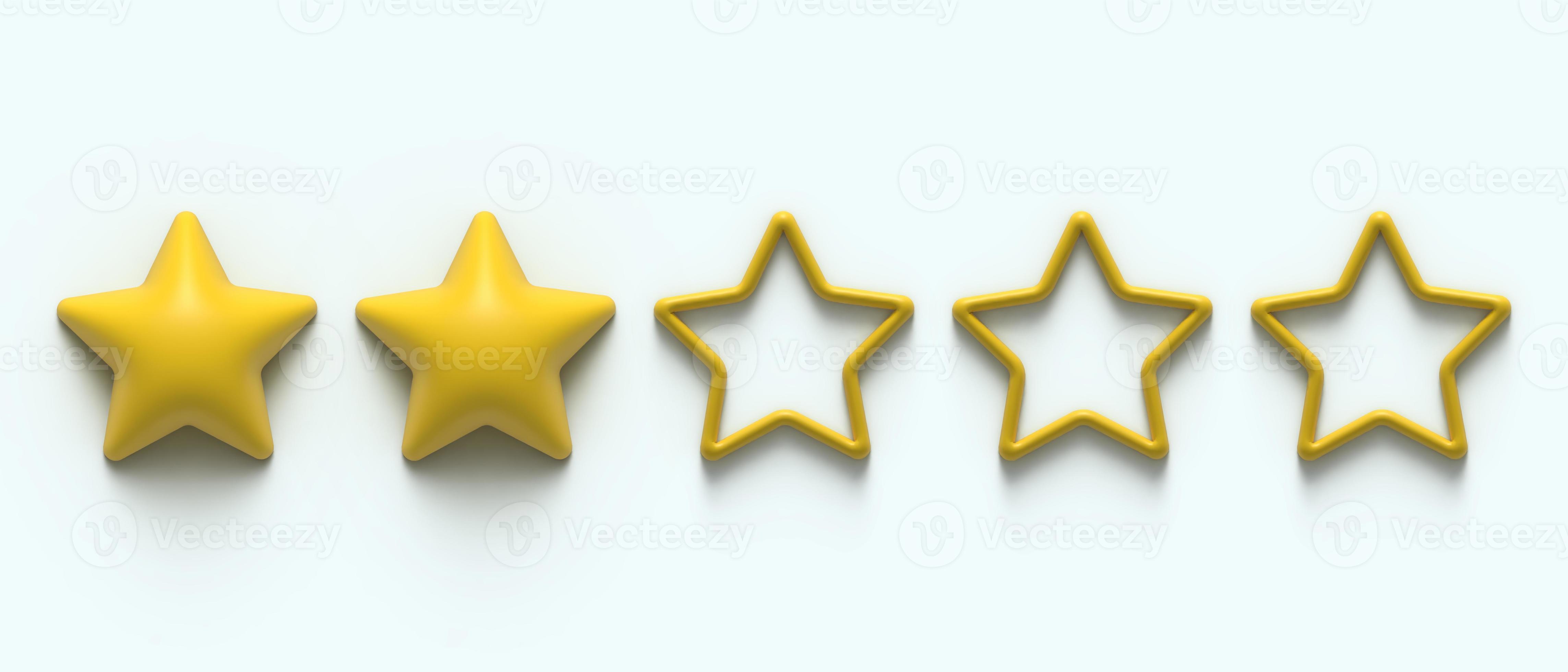 Two gold stars from five. Five 5 star rank sign. Ranking system. 3d ranger glossy golden stars ...