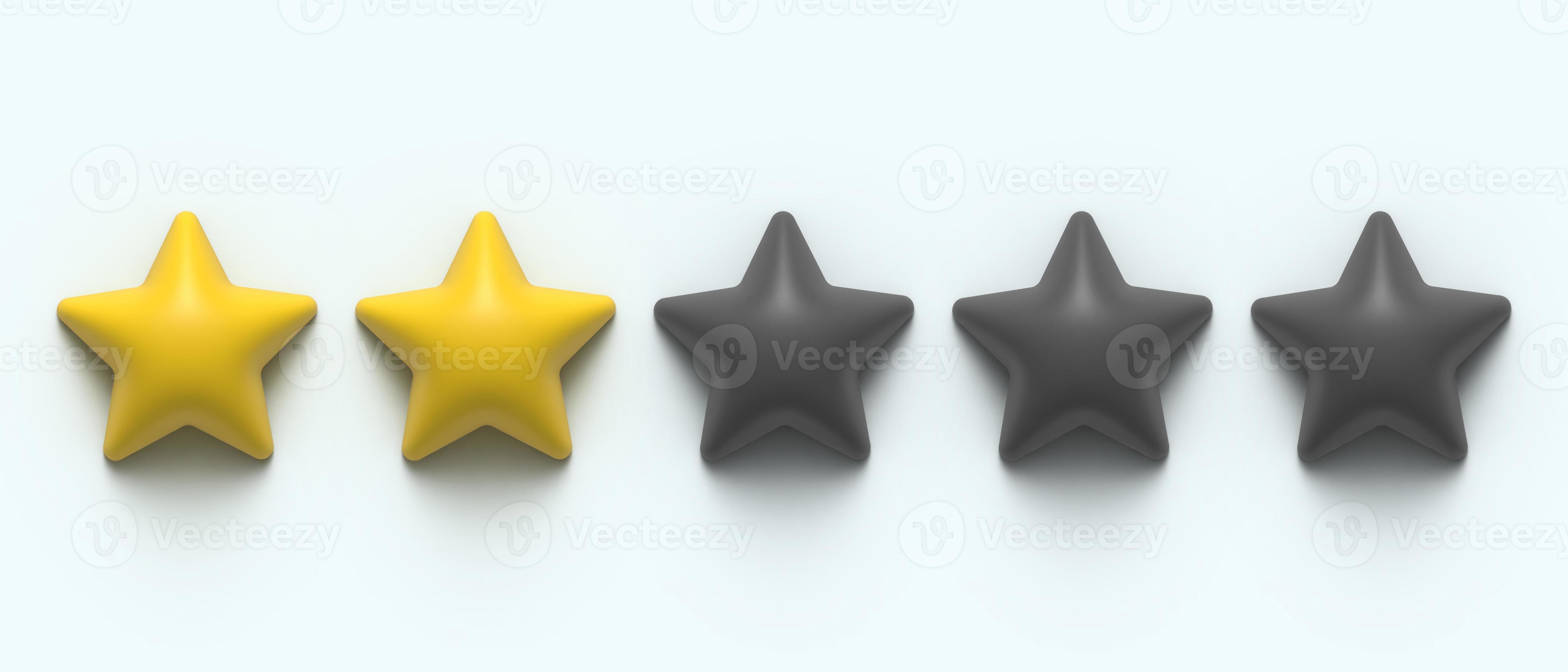 Glossy yellow 3d two star rating. 3D render image. 2 stars of 5. Golden star shape. Quality of ...