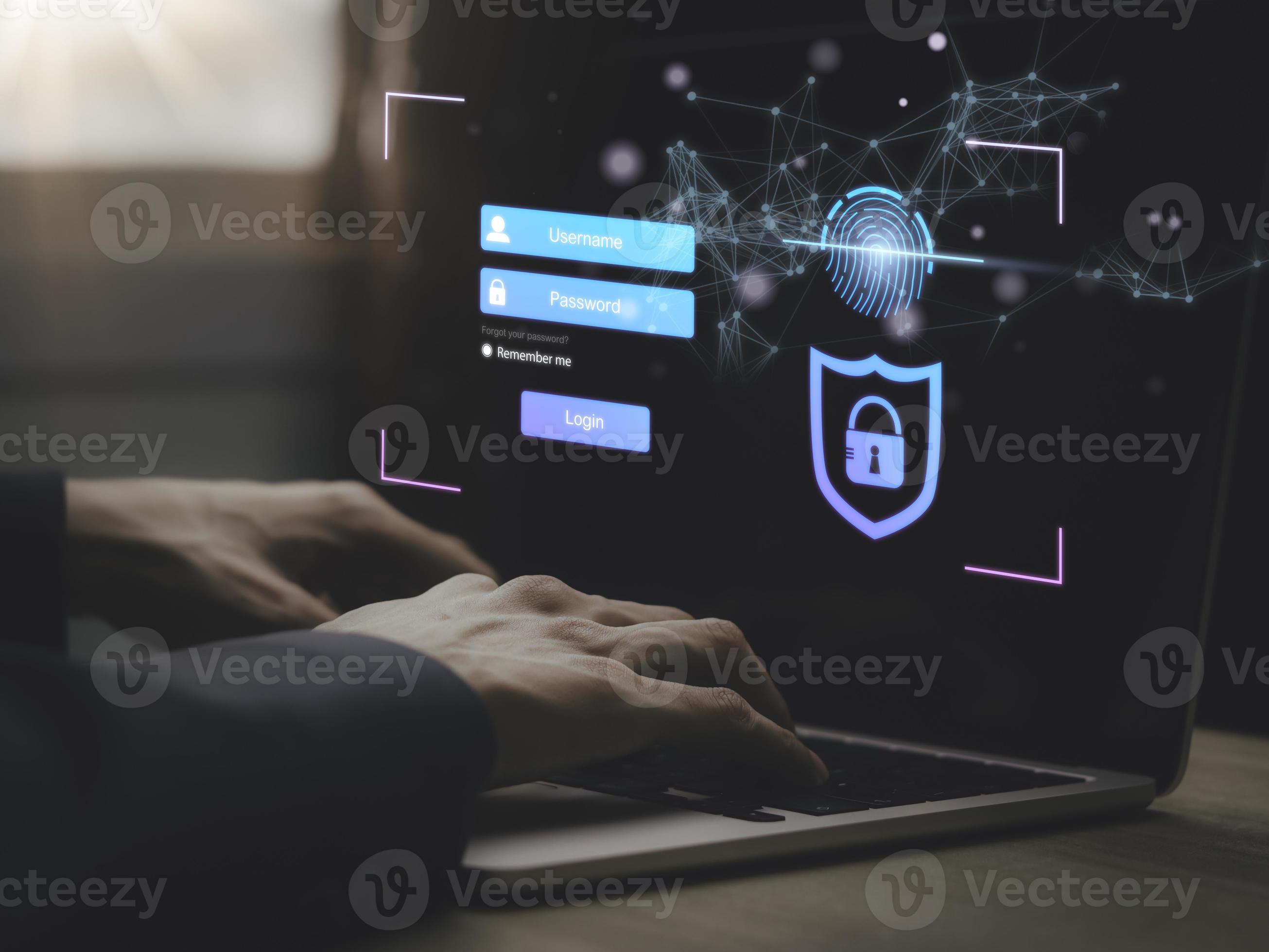 Person touching protecting personal information by fingerprint scanning ...