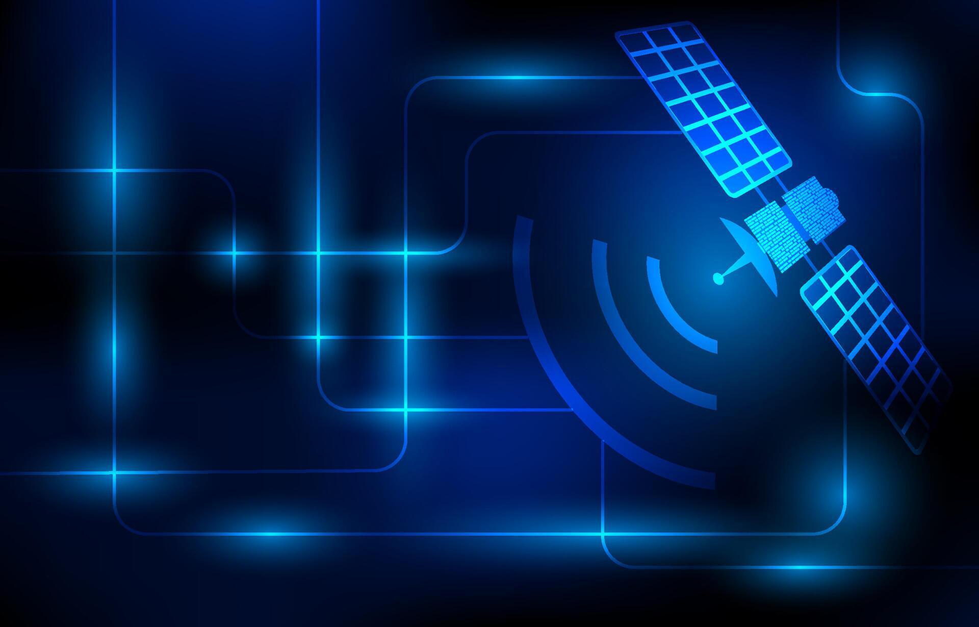 satellite communication technology on neon blue background. Satellite dish transmits and ...