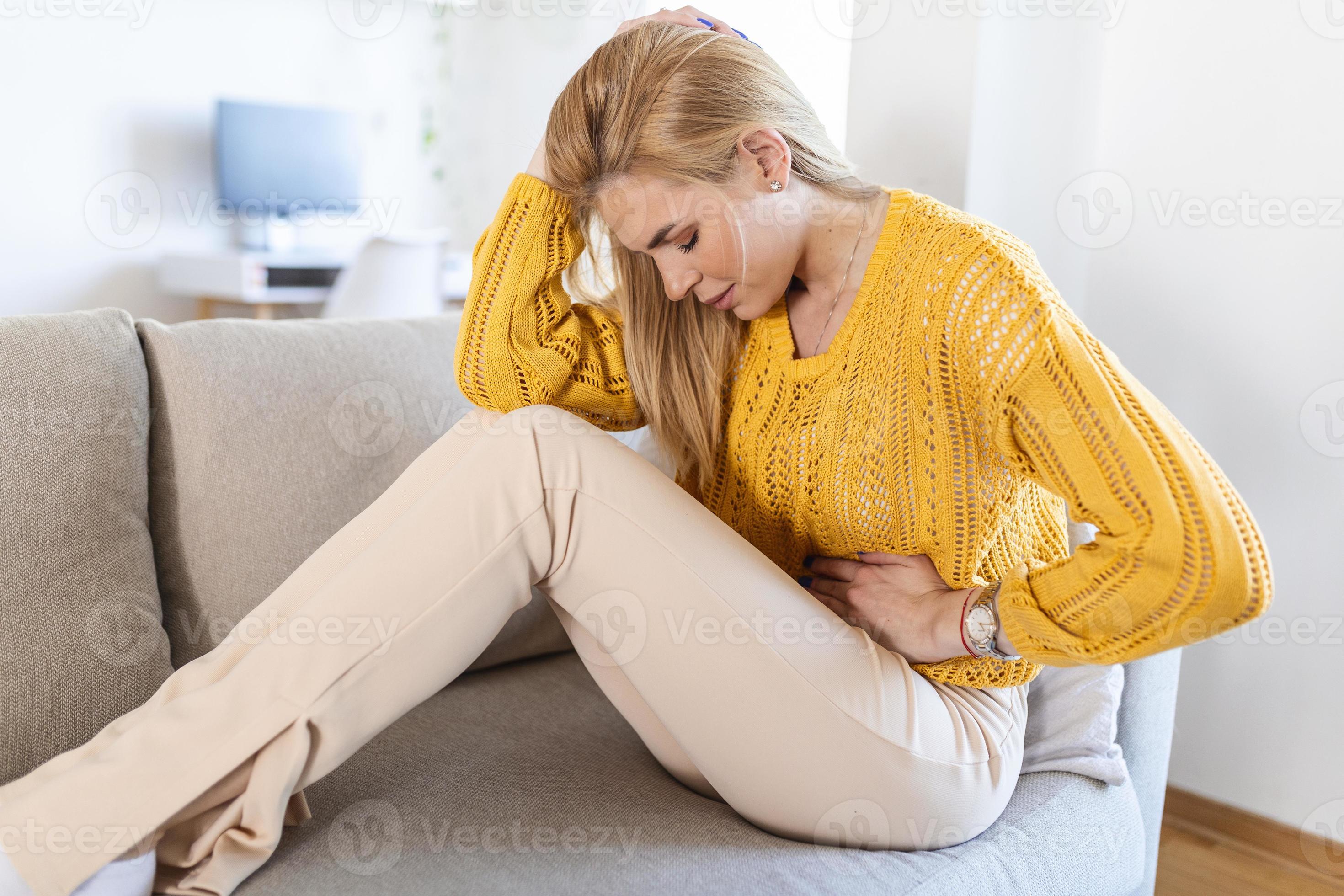 Young Sick Woman With Hands Holding Pressing Her Crotch Lower Abdomen
