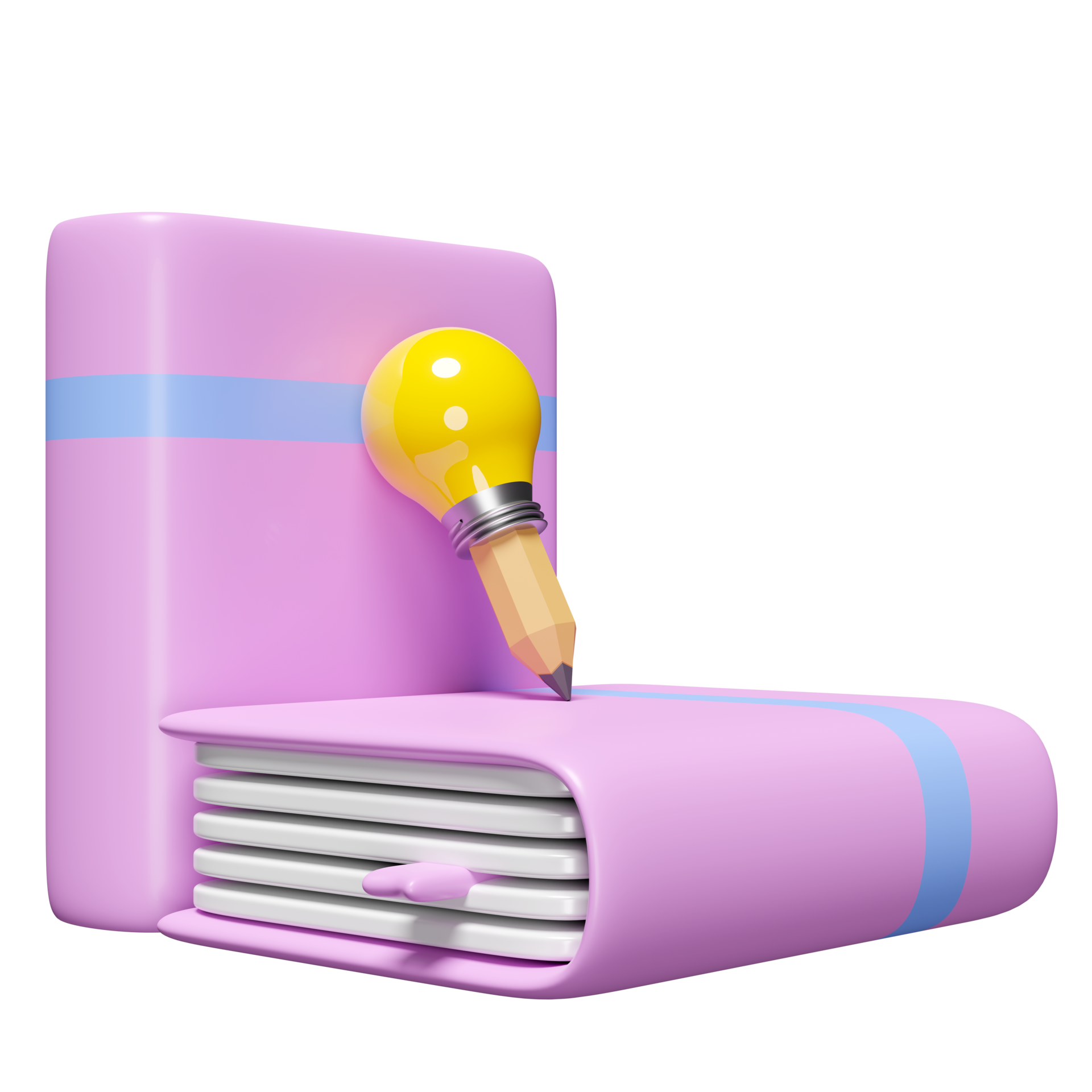 3d pink textbook, close book icon with light bulb, pencil isolated ...