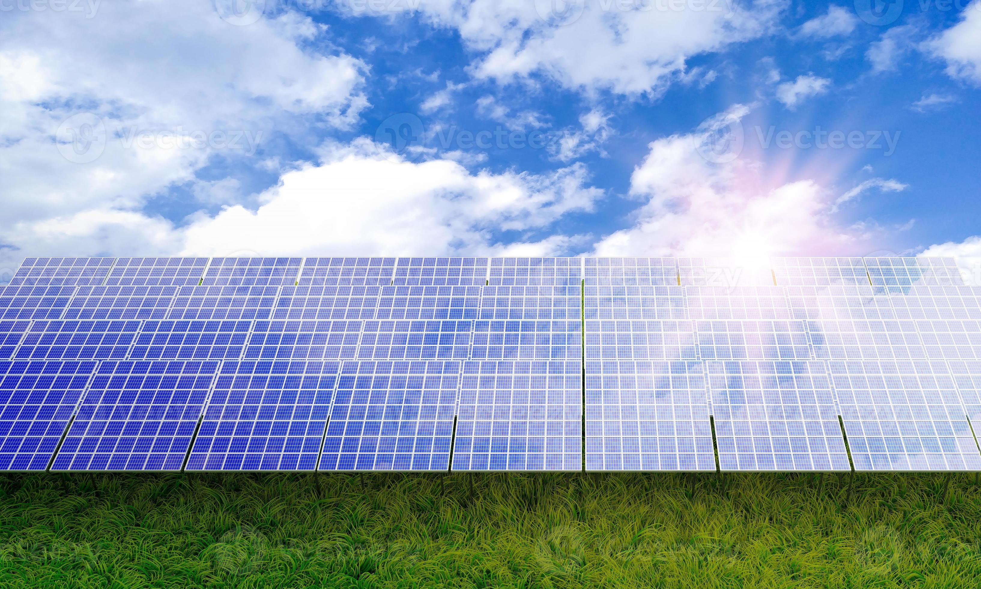 Células solares de energía natural. vista frontal de fondo isométrica de grandes paneles solares ...